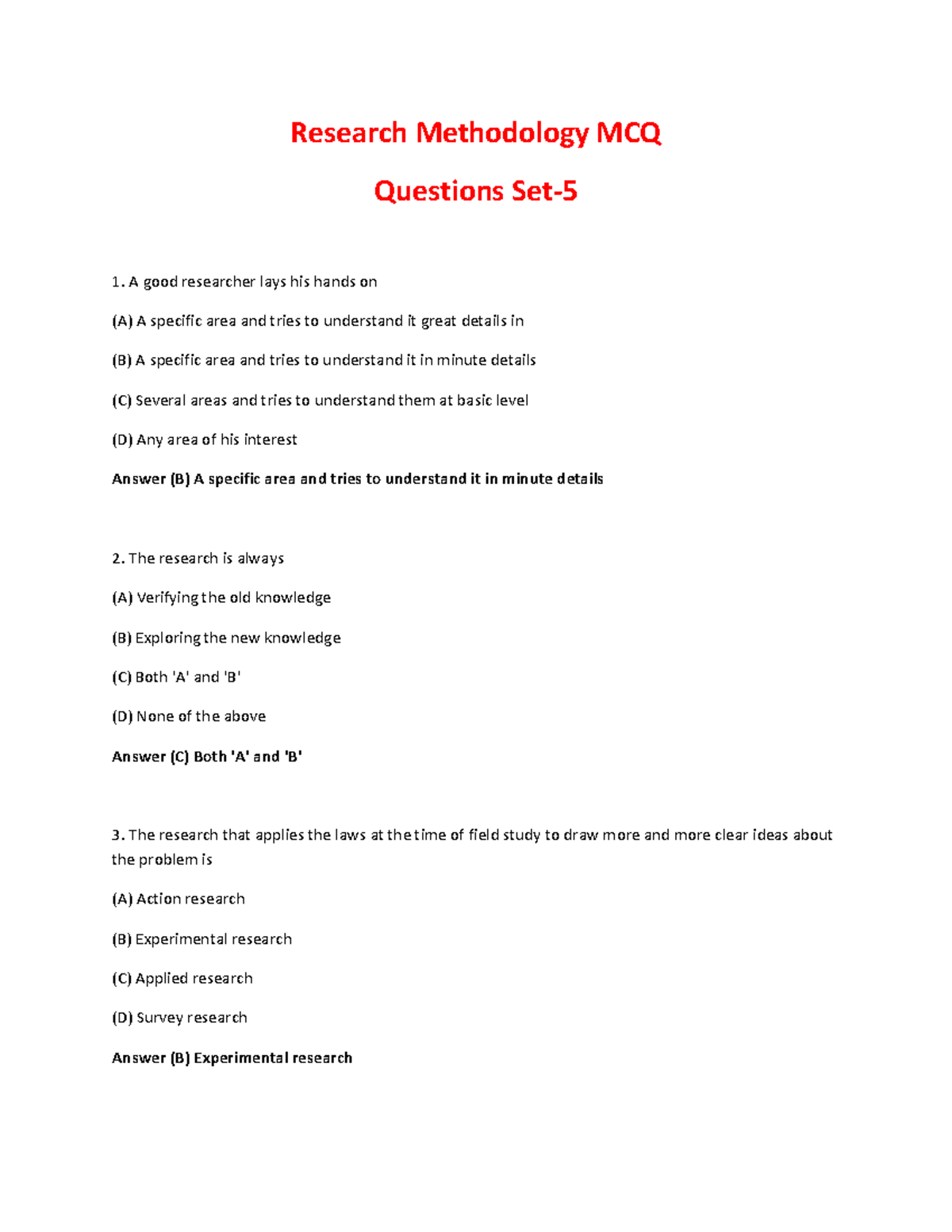 Research Methodology MCQs - Set 5 (Final Exam Preparation) - Studocu