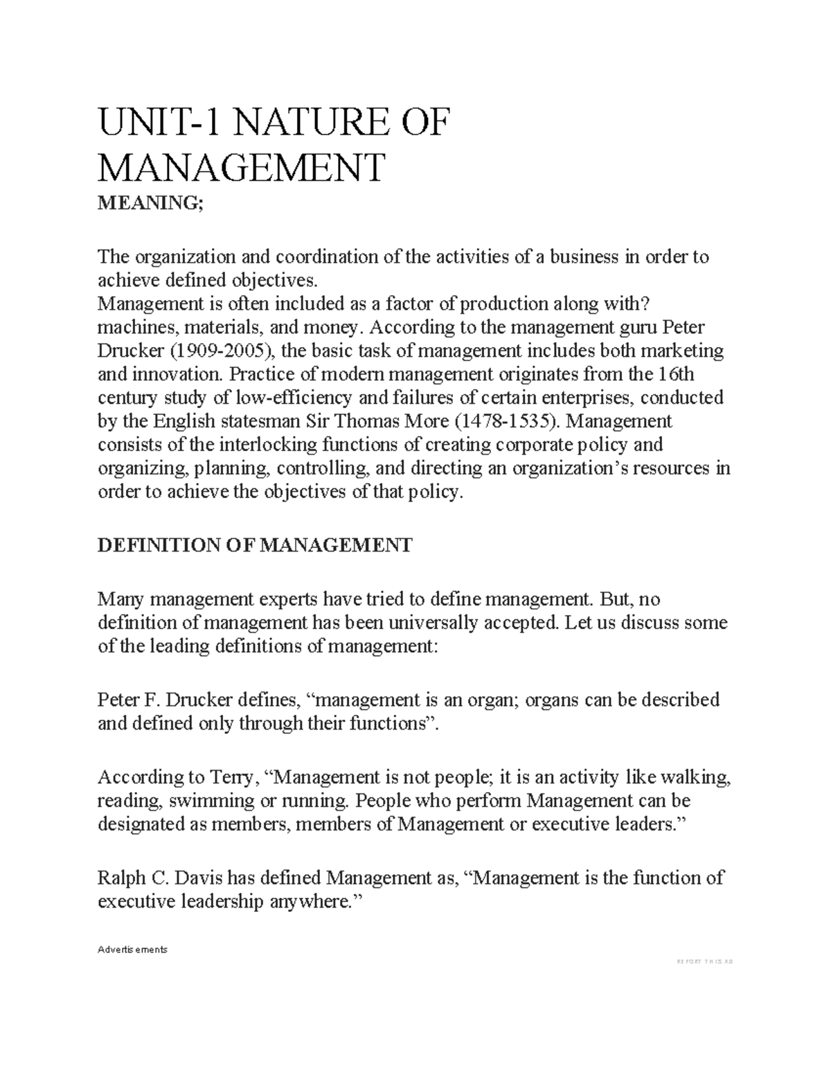 Management Principles NOTE - UNIT-1 NATURE OF MANAGEMENT MEANING; The ...
