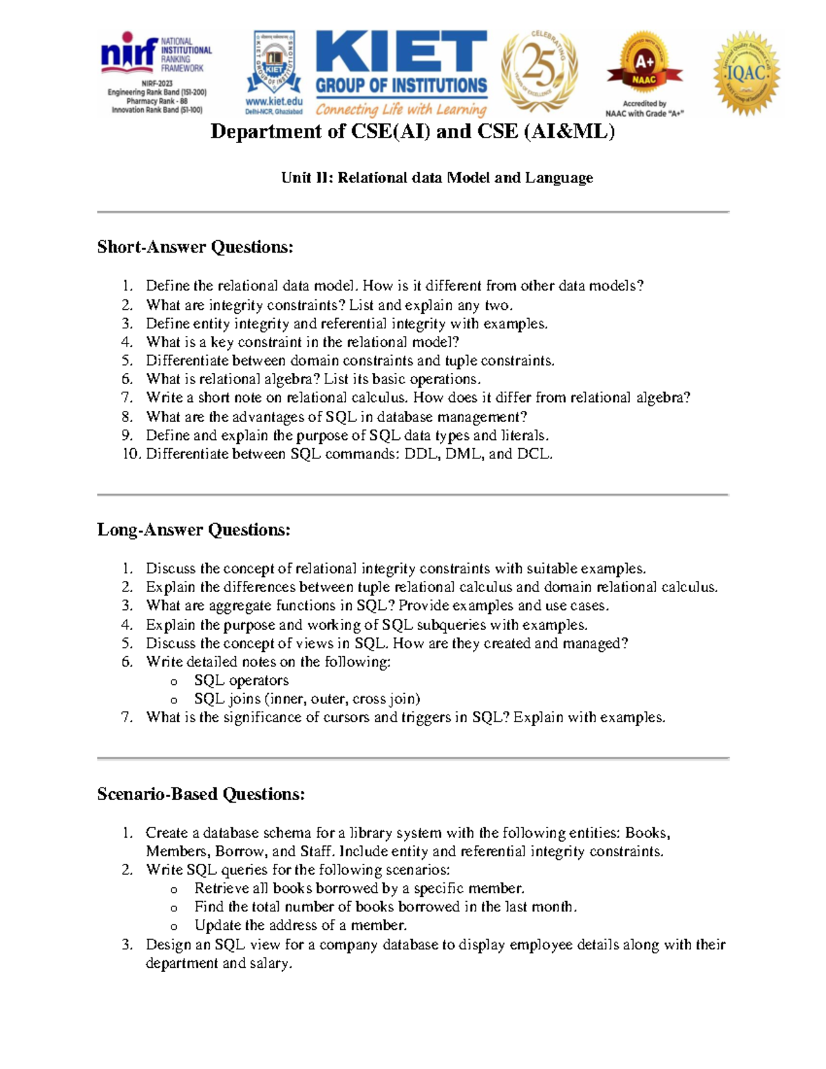 DBMS CSE(AI) Unit II: Relational Data Model & SQL Concepts - Studocu