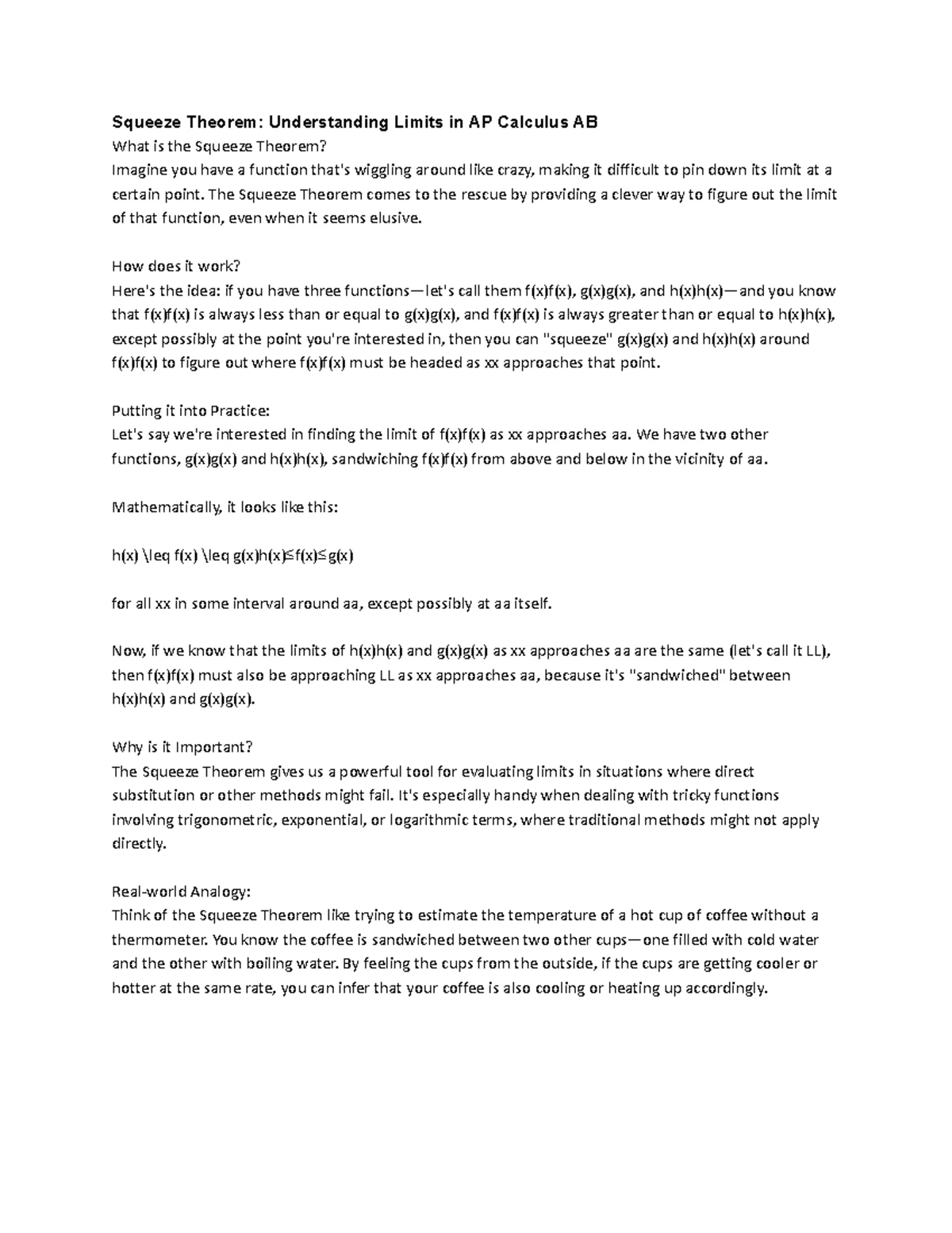 AP Calculus Unit 1: Functions, Limits, and Continuity Notes - Studocu