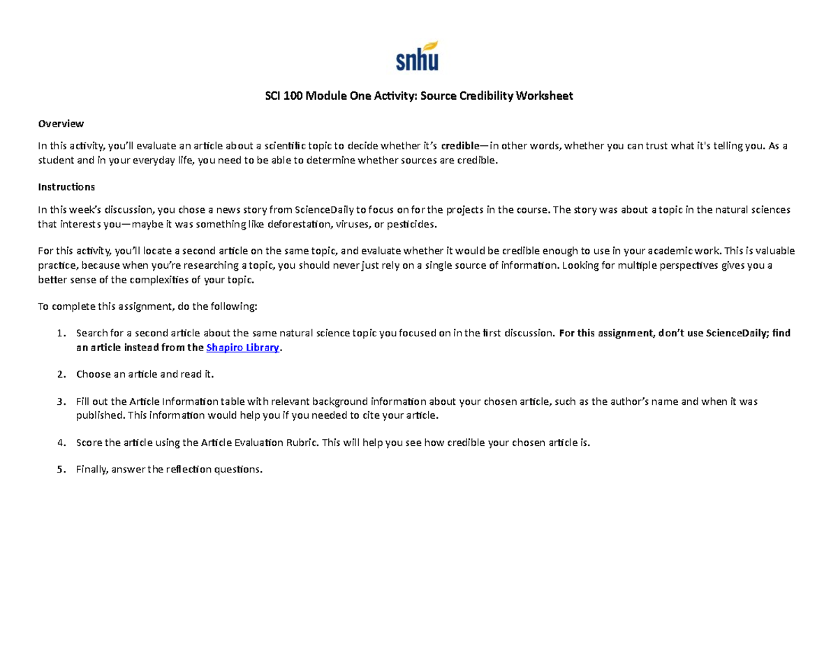 Module One Source Credibility Worksheet - SCI 100 Module One Activity ...