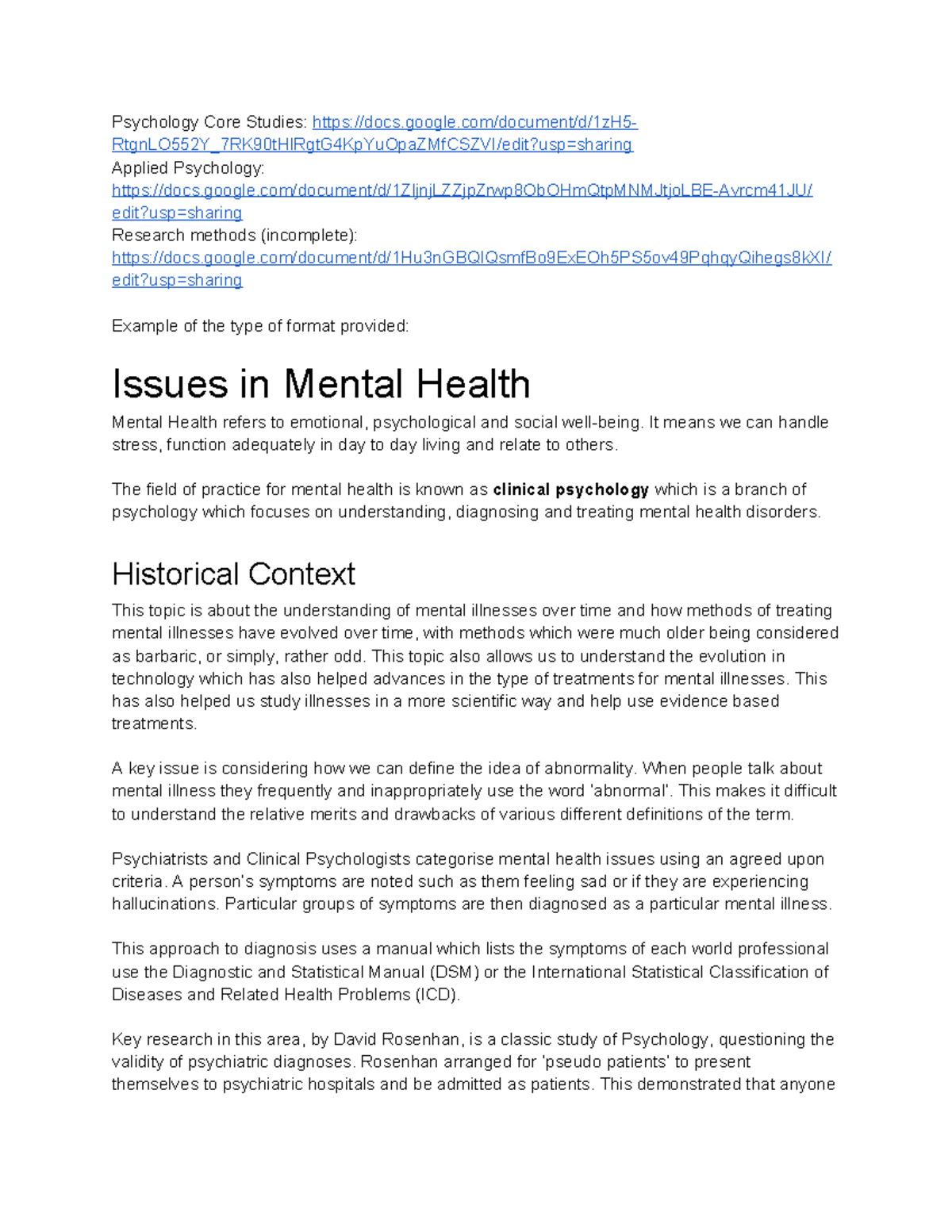 Psychology A Level OCR: Core Studies on Mental Health and Treatments ...