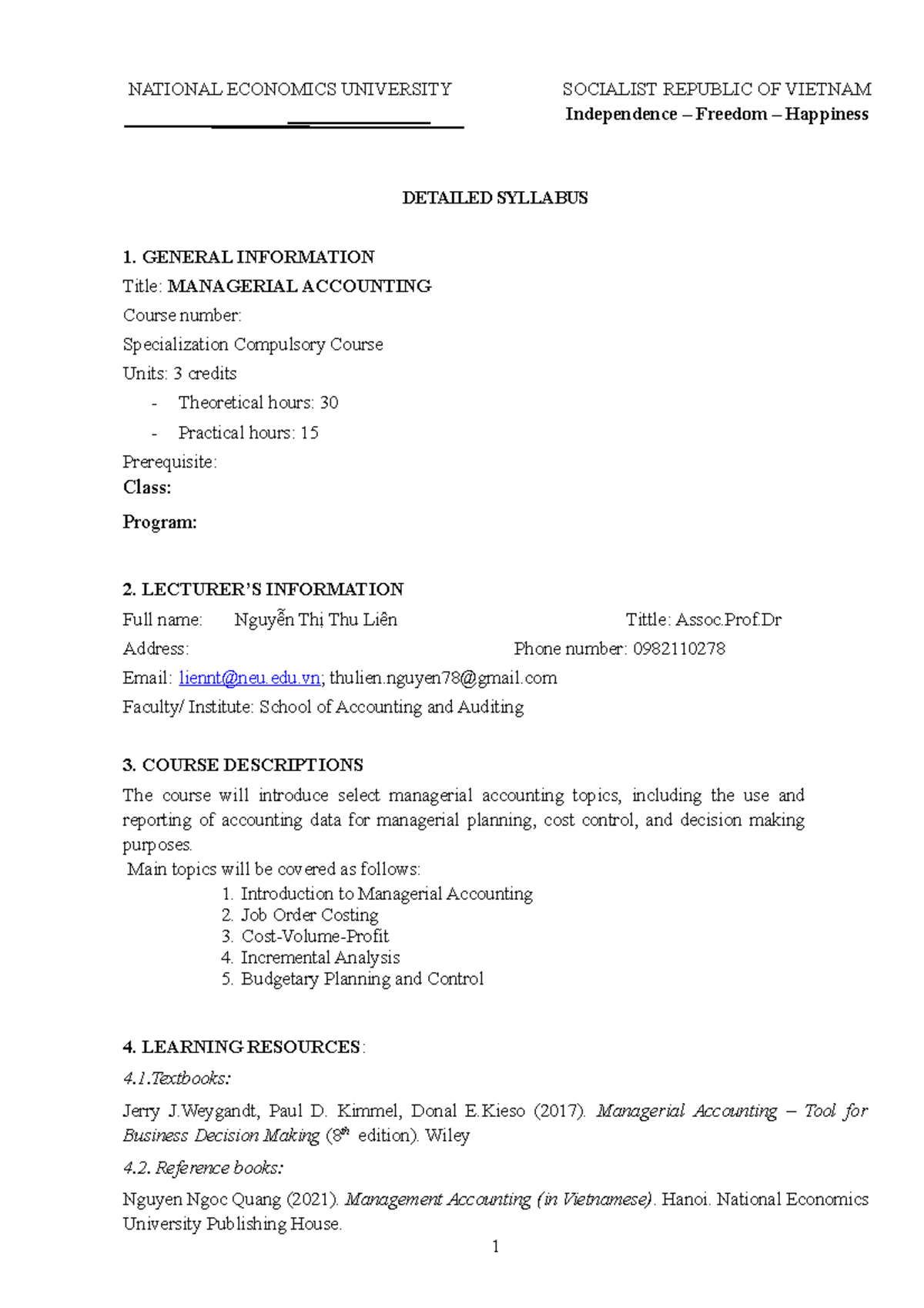 Managerial Accounting Syllabus (Course Code: MA101) - NEU - Studocu