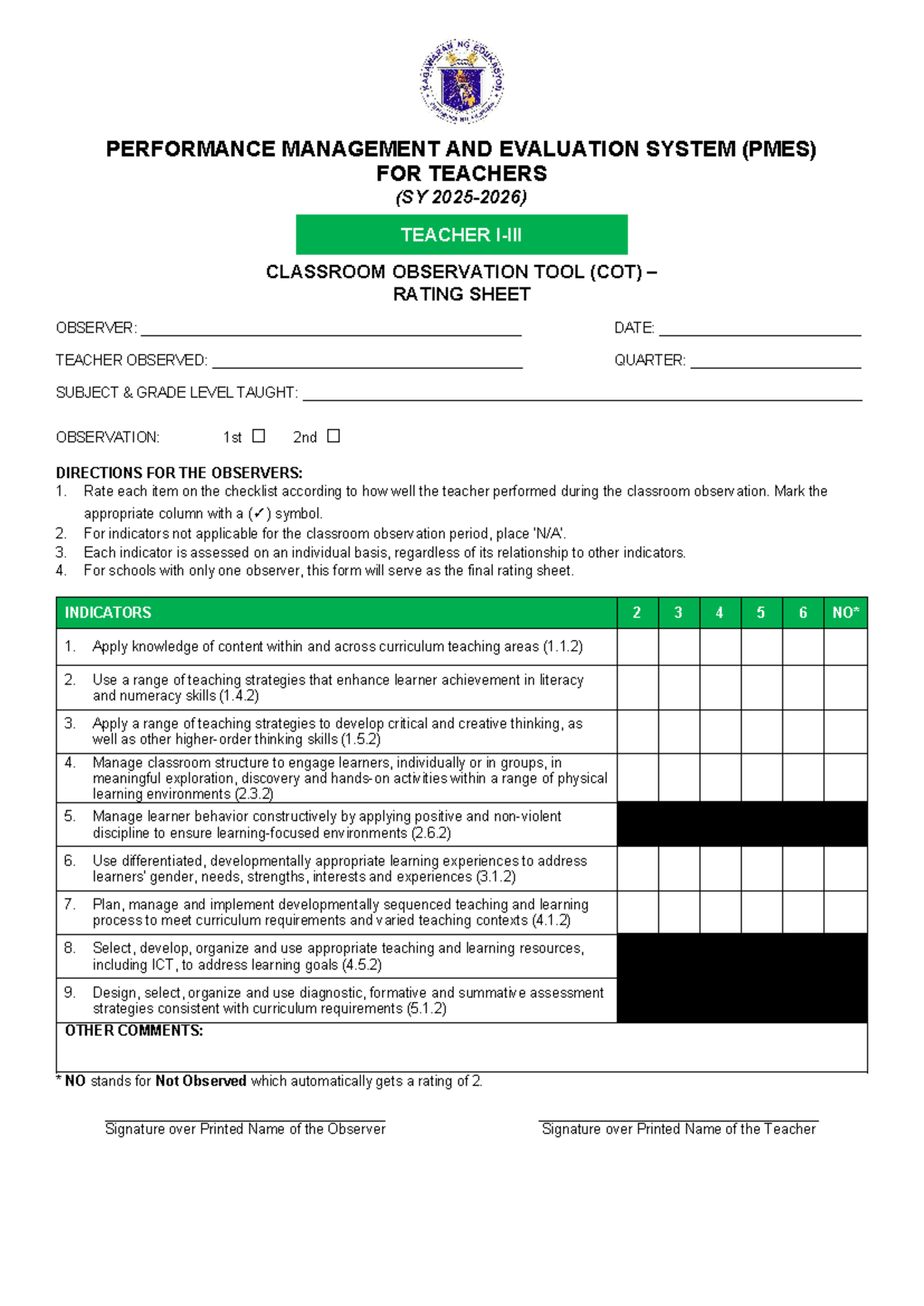 PMES Teacher Classroom Observation Tool (COT) Rating Sheet - Studocu