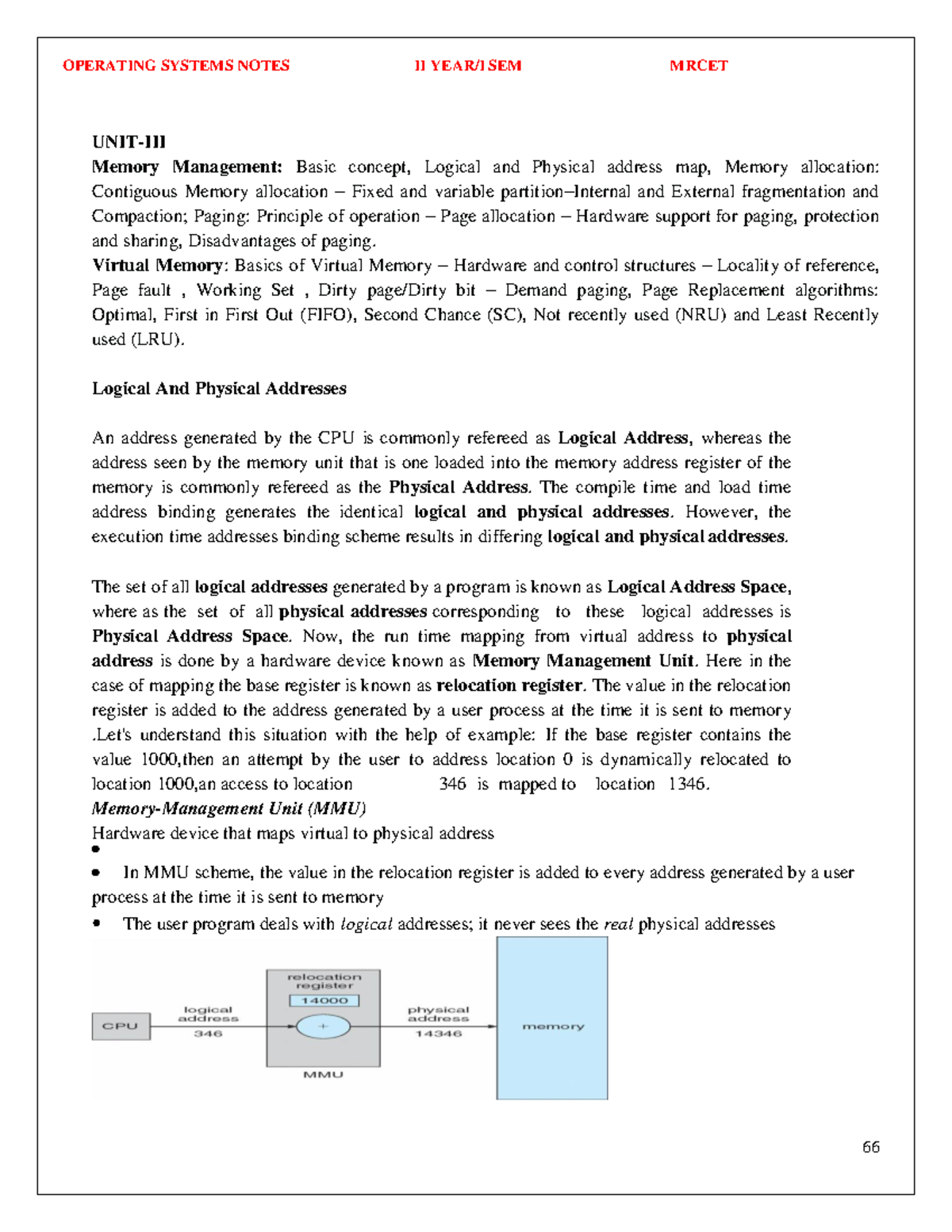 Operating Systems Notes on Memory Management R18 1 - Studocu