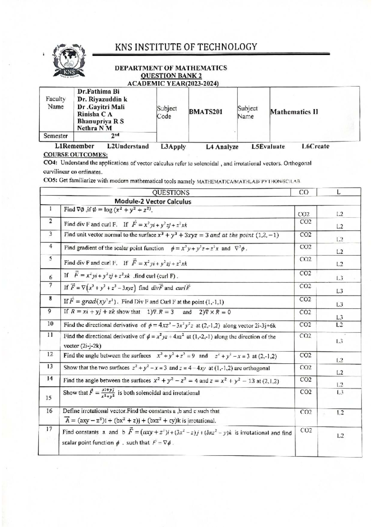 Mathematics II QB 2 - Vector Calculus Questions (BMATS201) - Studocu