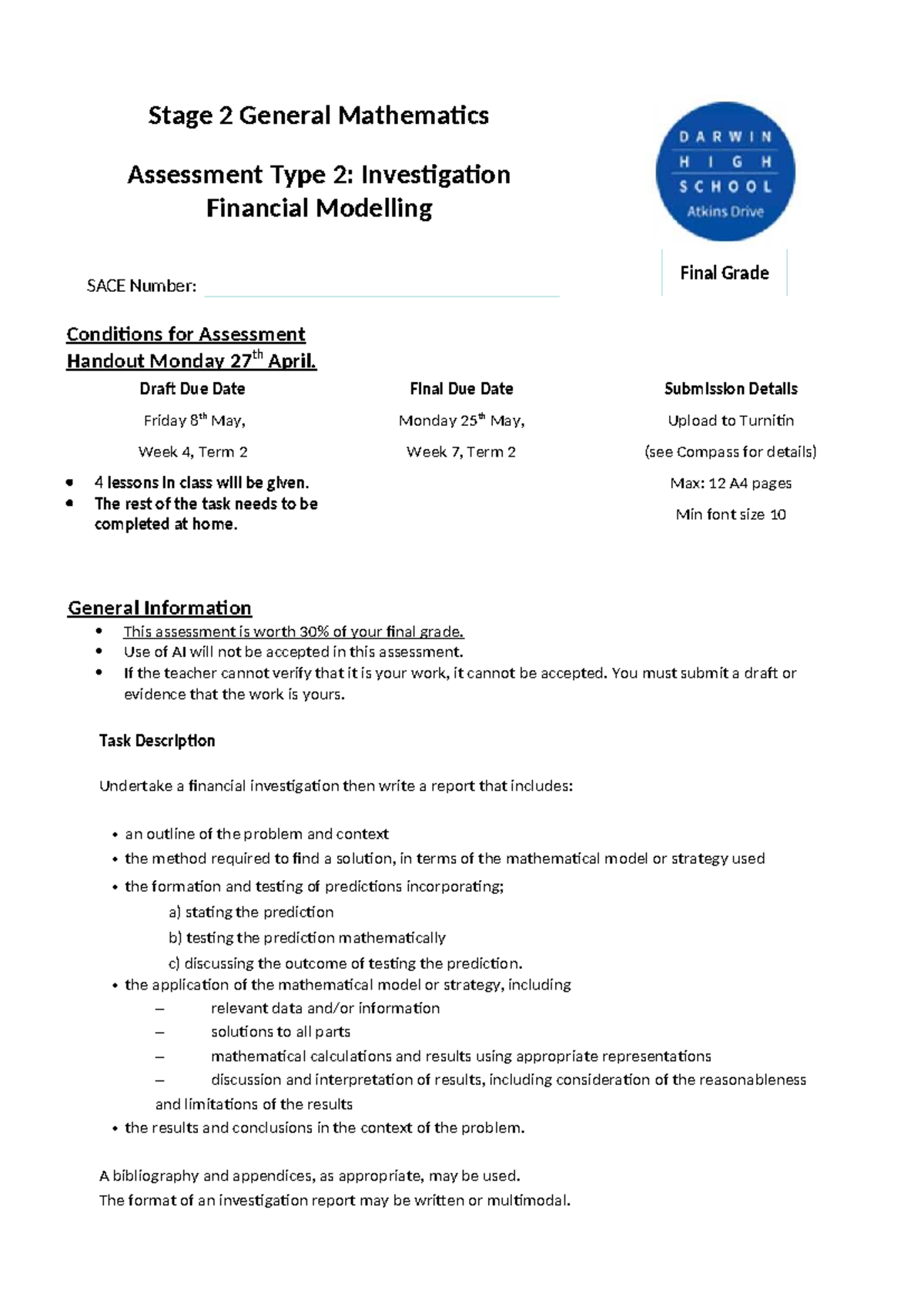 Stage 2 General Mathematics AT2: Financial Modelling Investigation Task ...