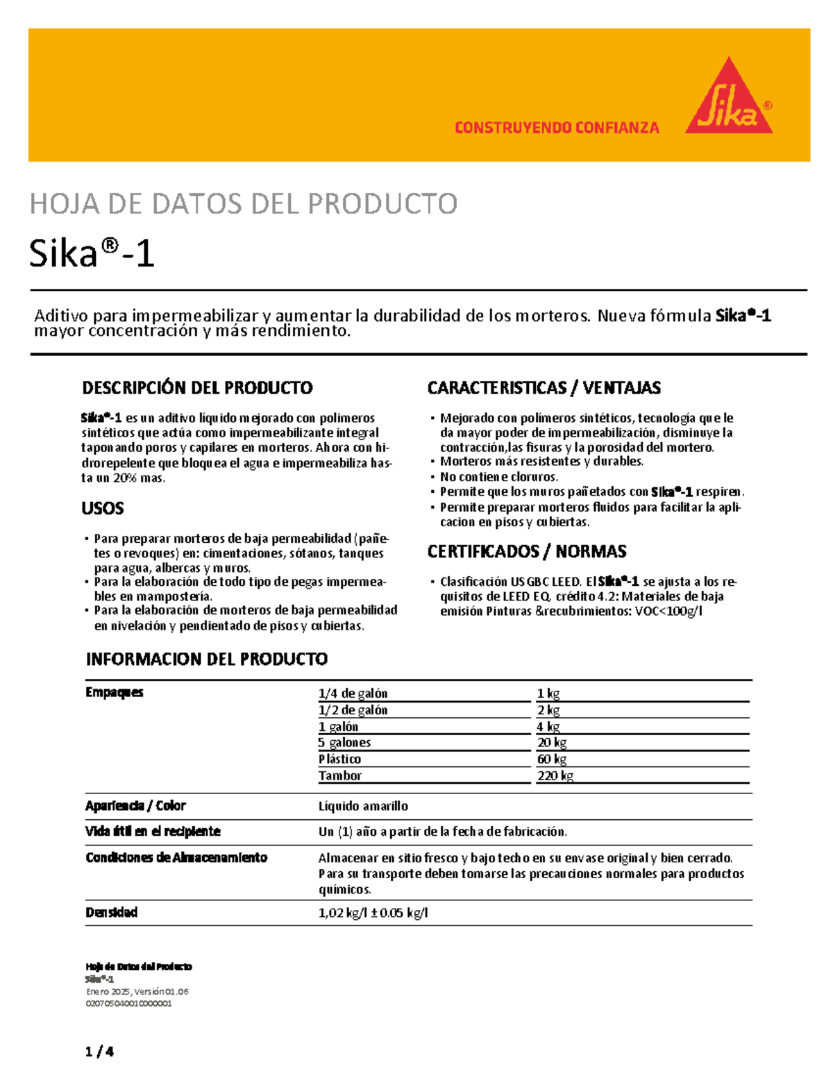 Sika-1 - Ficha técnica del sika - Hoja de Datos del Producto Sika ...