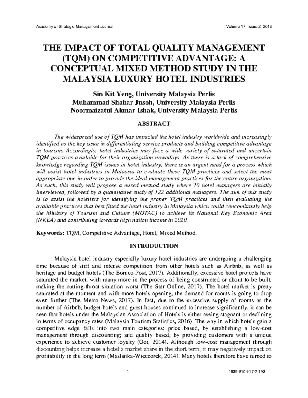 The Impact of TQM on Competitive Advantage in Luxury Hotels (1939 6104 ...