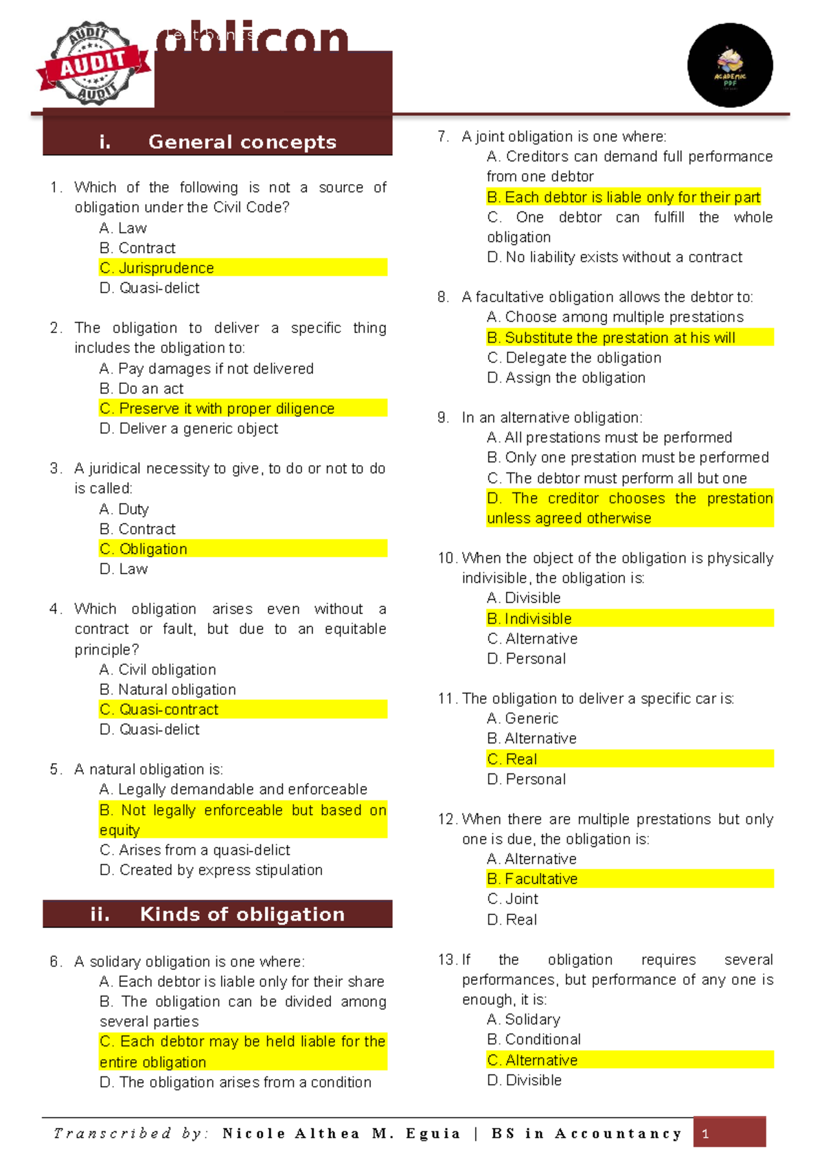 Obligation Test Banks (OBLICON) - Key Concepts & Types - Studocu