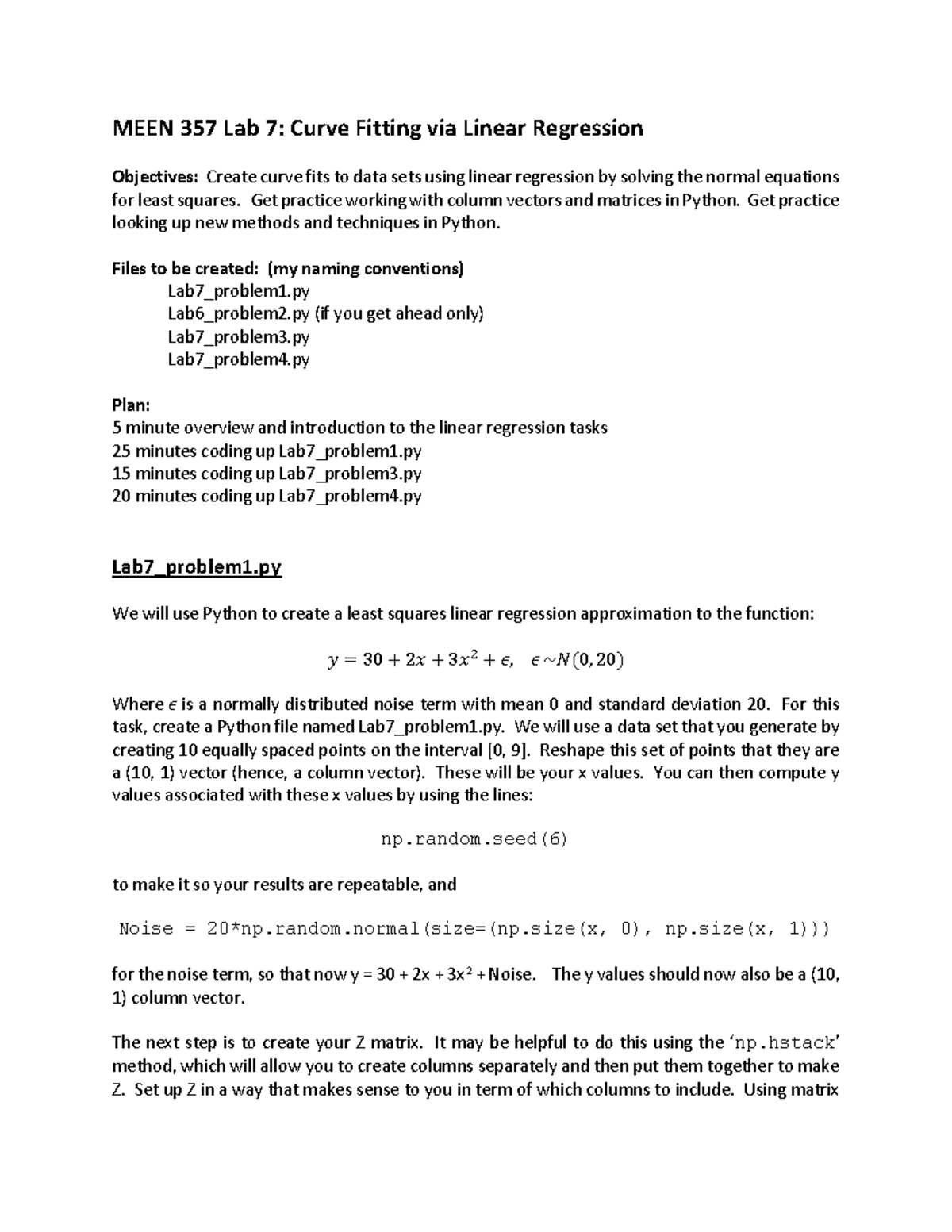 MEEN 357 Lab 7: Linear Regression Curve Fitting Instructions - Studocu