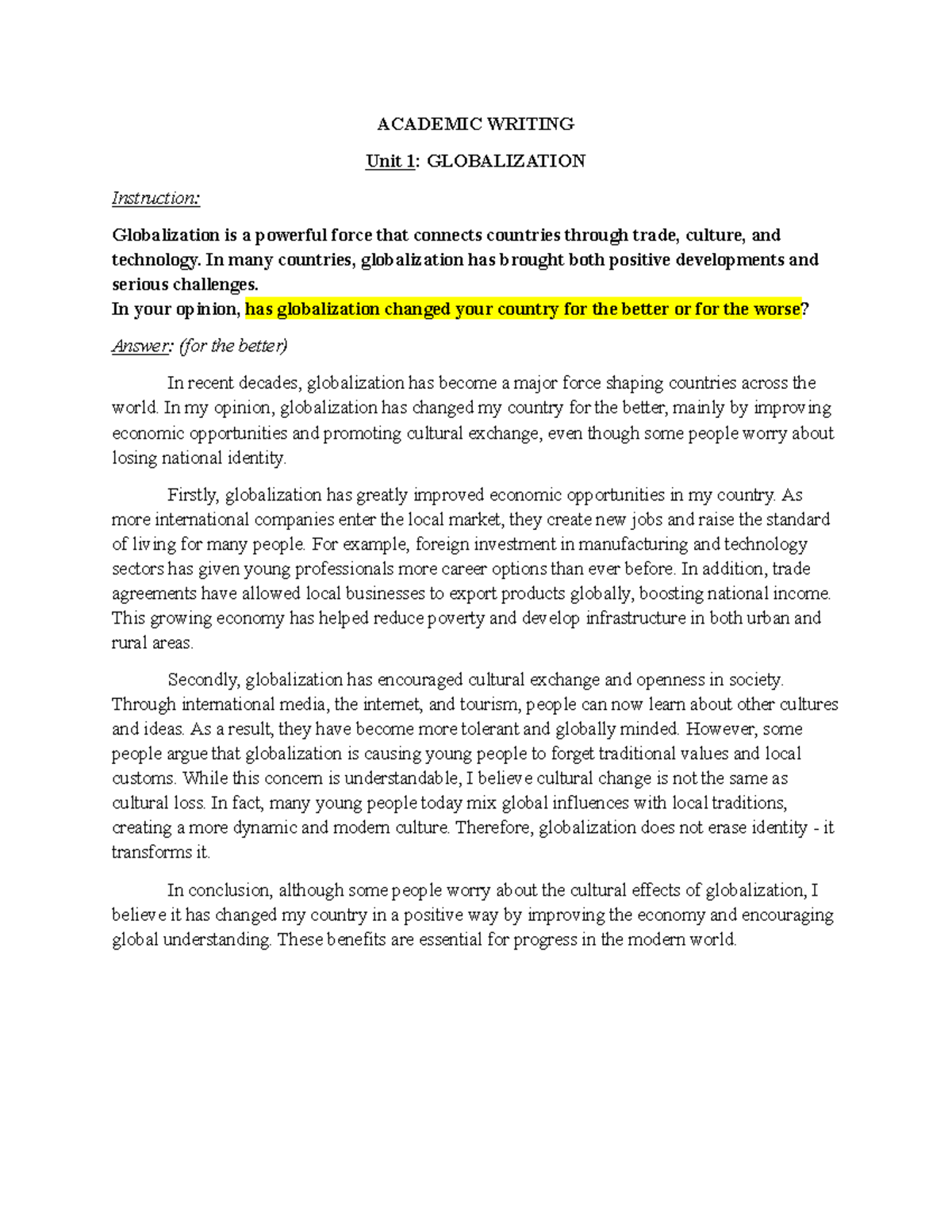 ACADEMIC WRITING Unit 1: Globalization Essay Notes - Studocu