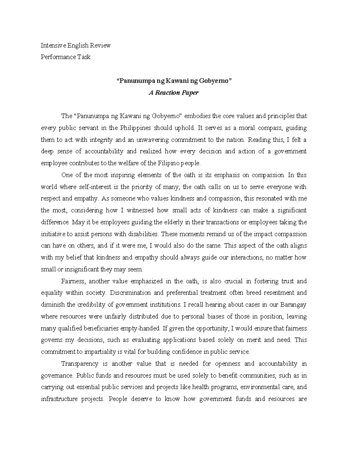 Performance Task: Reaction Paper on "Panunumpa ng Kawani ng Gobyerno ...