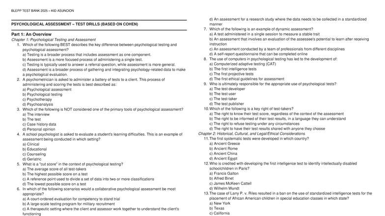 BLEPP TEST BANK 2025: PSYCHOLOGICAL ASSESSMENT REVIEWER - Studocu