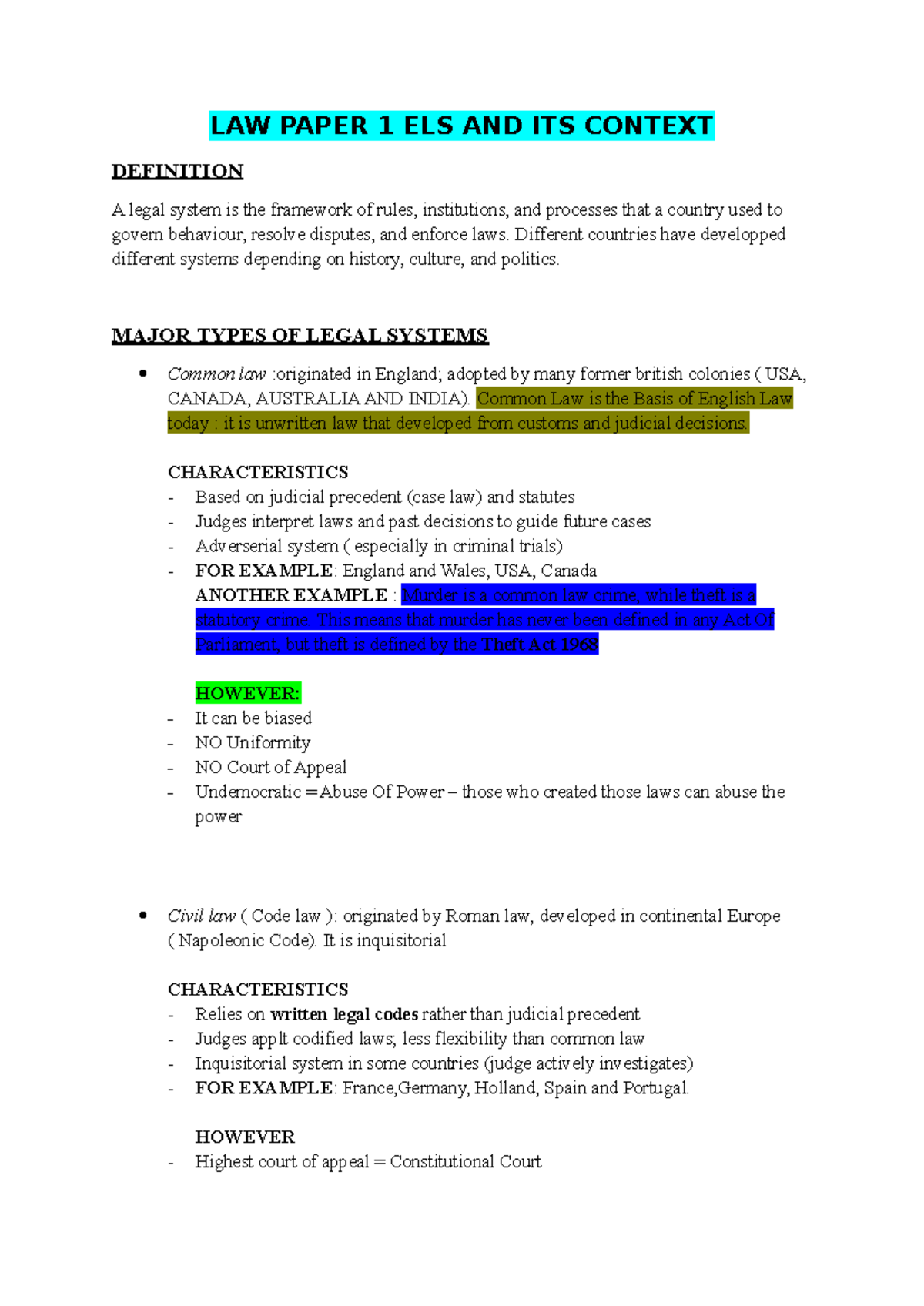 LAW 1 ELS: Overview of Legal Systems and Their Contexts - Studocu