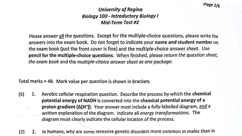 Biology 100 Midterm 2 Exam - University of Regina - Studocu
