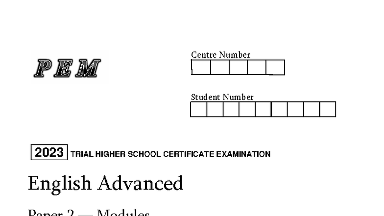 PEM 2023 English Advanced Paper 2 Trial HSC Exam Guide - Studocu