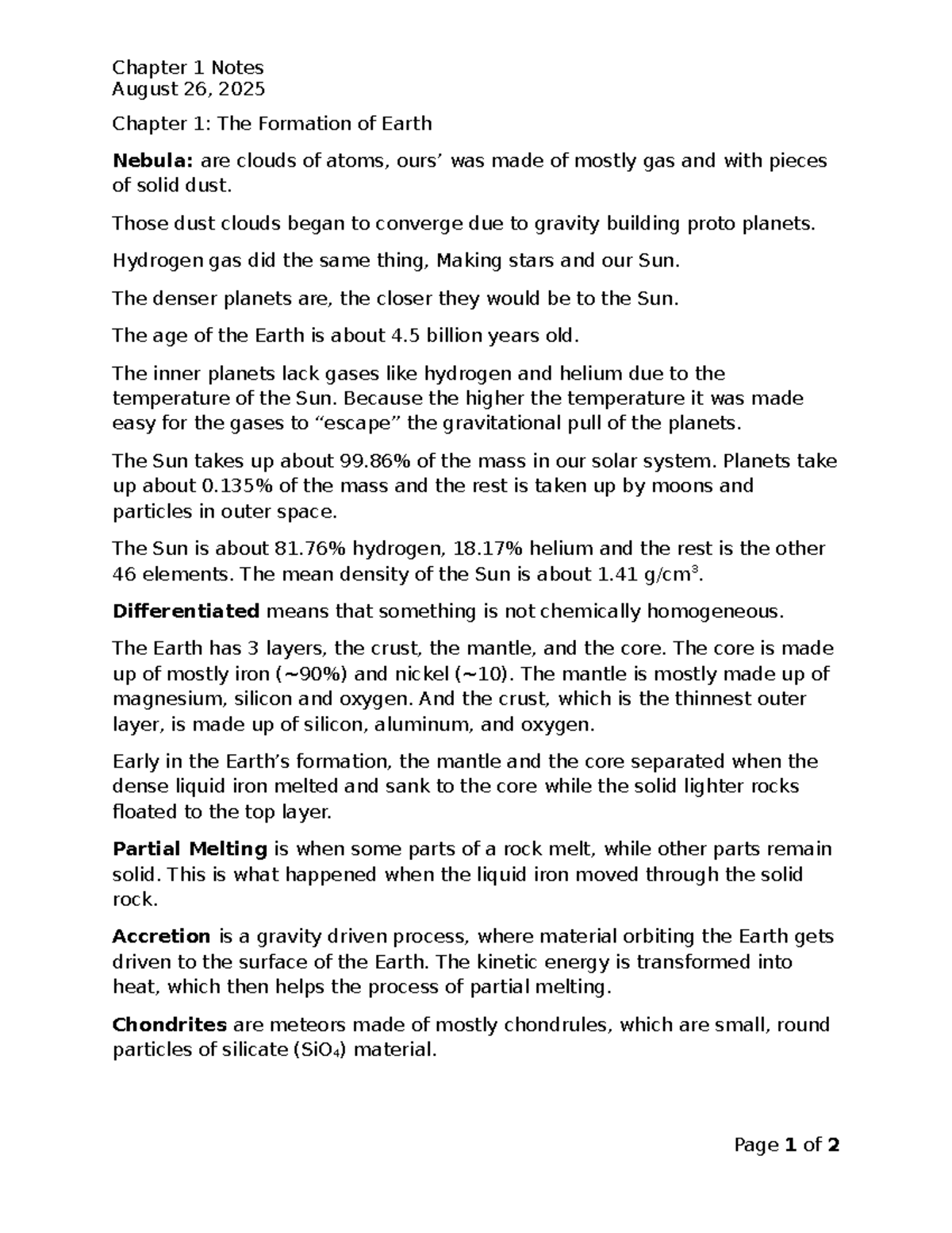 2025 08 26 CH1 Notes: The Formation of Earth and Solar System - Studocu