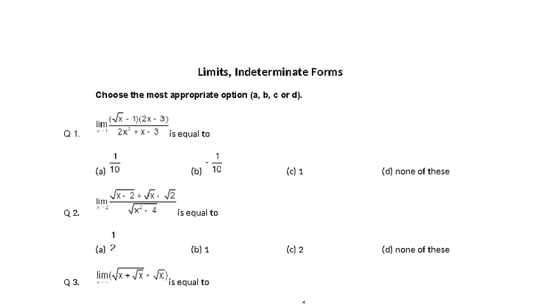 03 Limits and Indeterminate Forms - Practice Questions and Answers ...