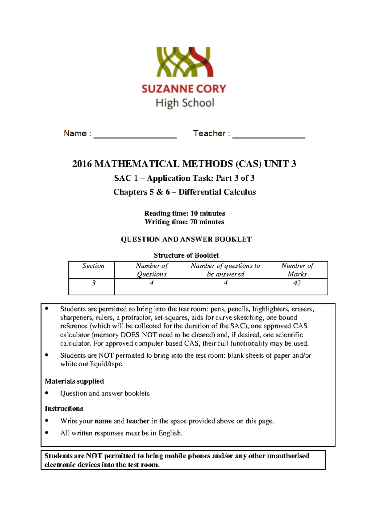 2016 MATHEMATICAL METHODS (CAS) U3 SAC 1 Application Task Part 3 - Studocu