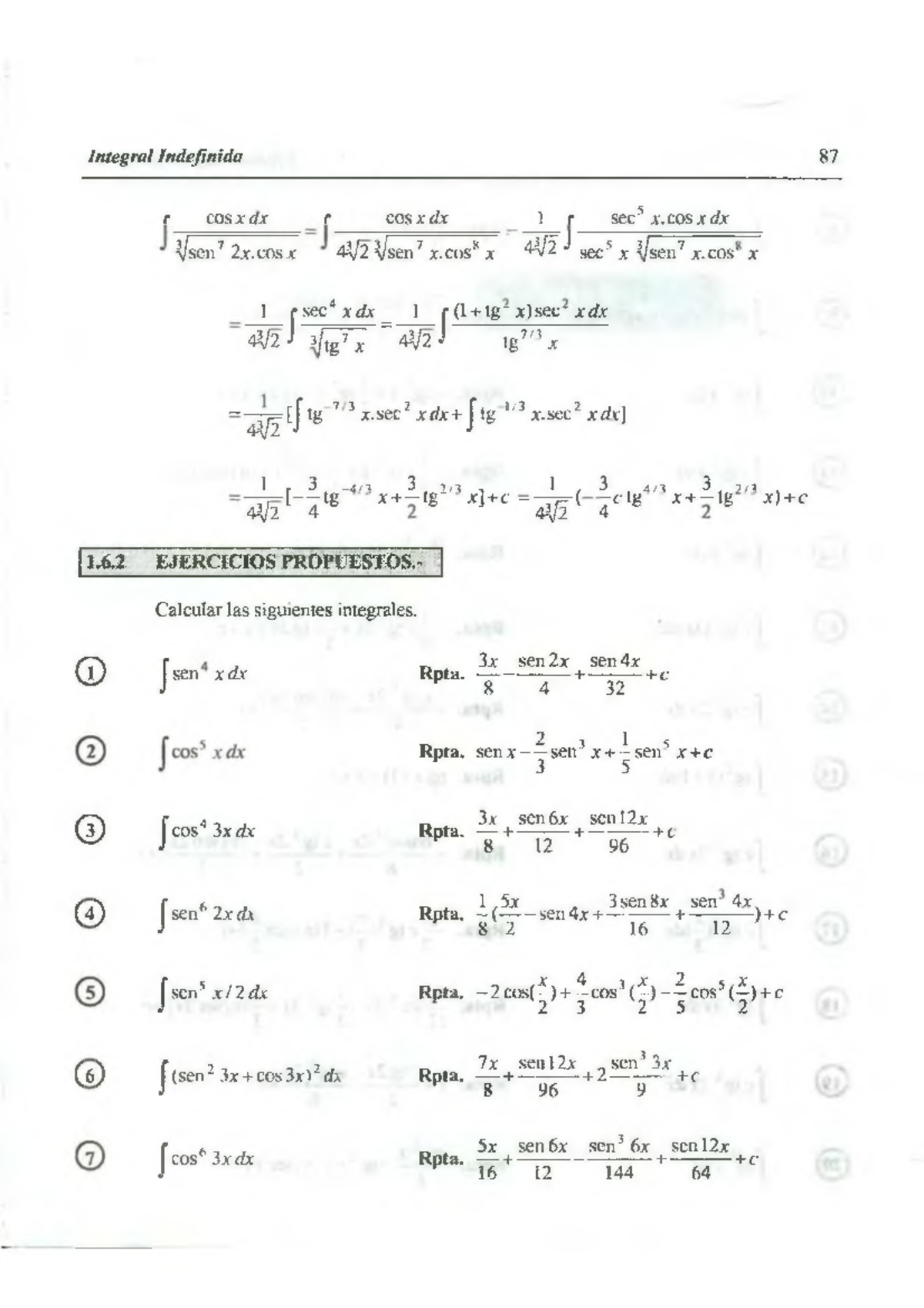 CAP. II - Método DE Potencias DE LAS Funciones Trigonométricas - Integra! Indefinida 87 r eos x ...