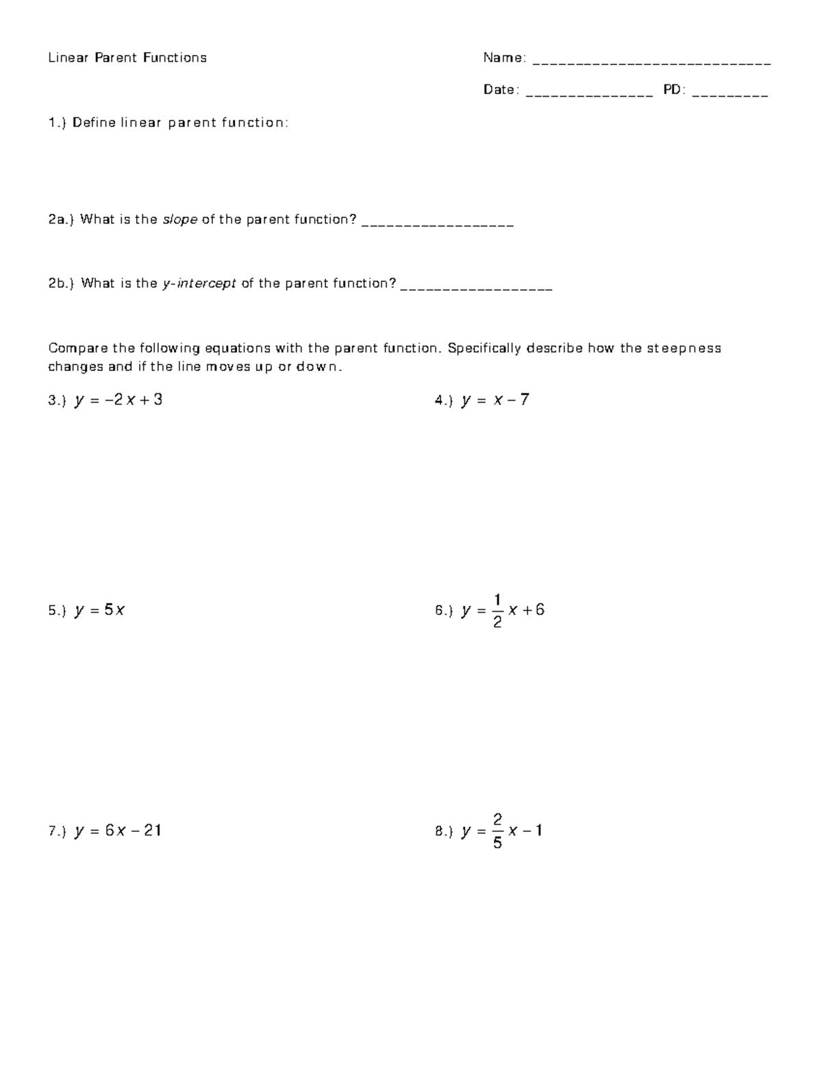 WS Parent Functions Practice - Linear Parent Functions Name