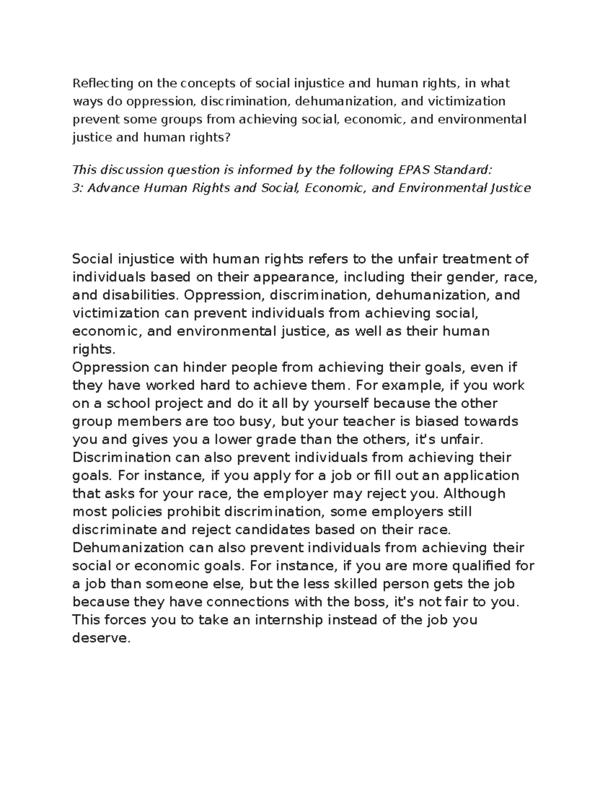 SWK-280 Topic 6 DQ1: Exploring Social Injustice & Human Rights - Studocu