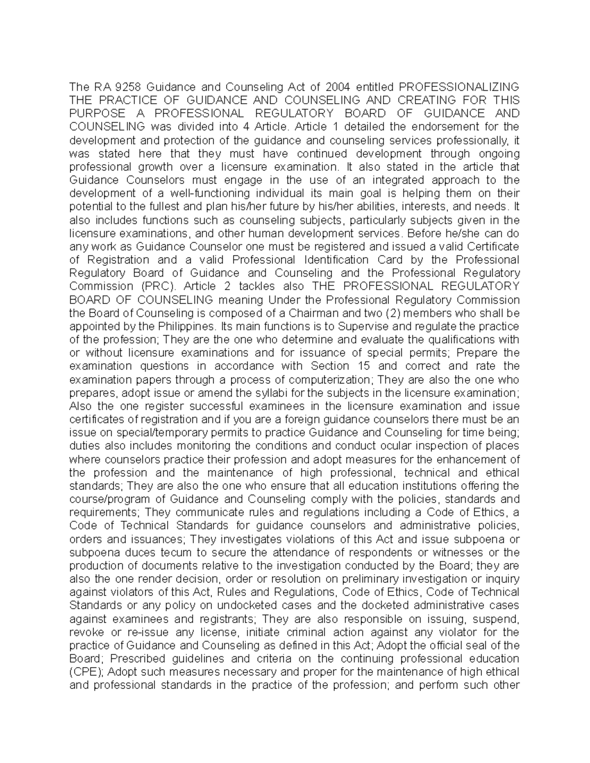 Summary of RA 9258: Guidance and Counseling Act Insights - Studocu