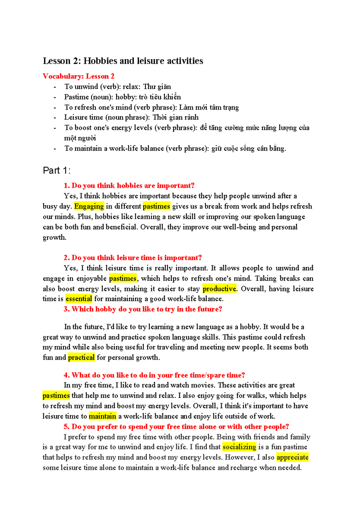 Speaking project - Lesson 2: Hobbies and leisure activities Vocabulary ...