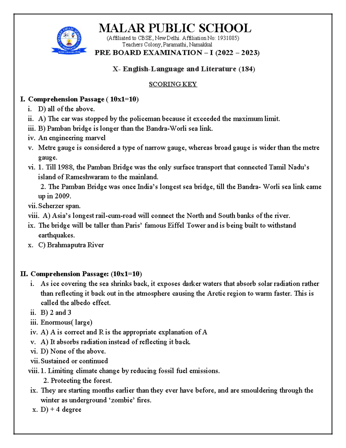 English Pre Board Exam I (2022-2023) Answer Key (184) - Studocu