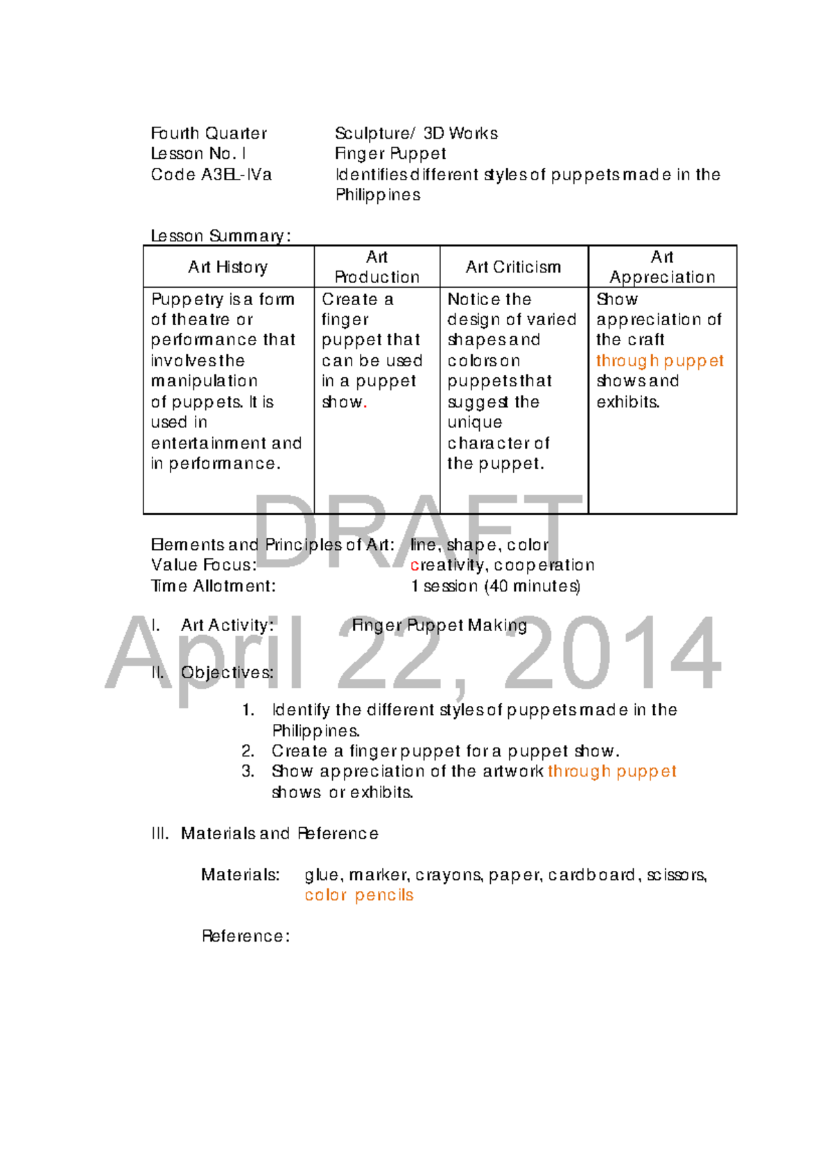 TG ART 3 Q4 - Lesson Plans for Puppet Making Activities - Studocu
