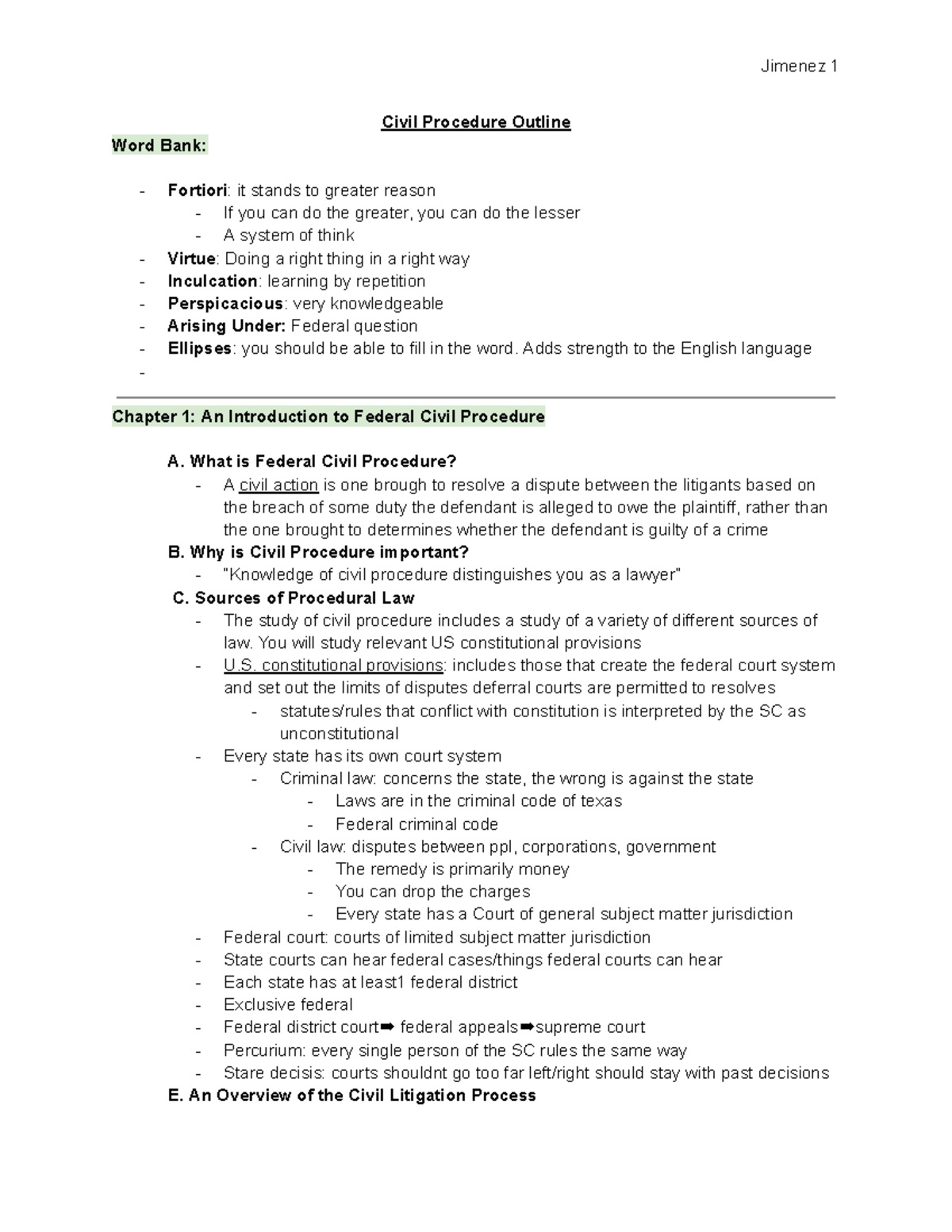 Civil Procedure Outline FA'24: Key Concepts and Jurisdiction Overview ...