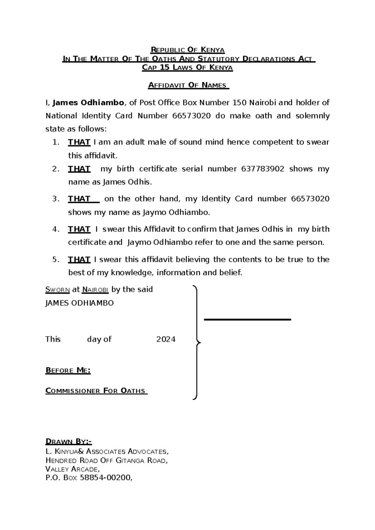 Affidavit Sample Draft - Oaths & Statutory Declarations Act - Studocu