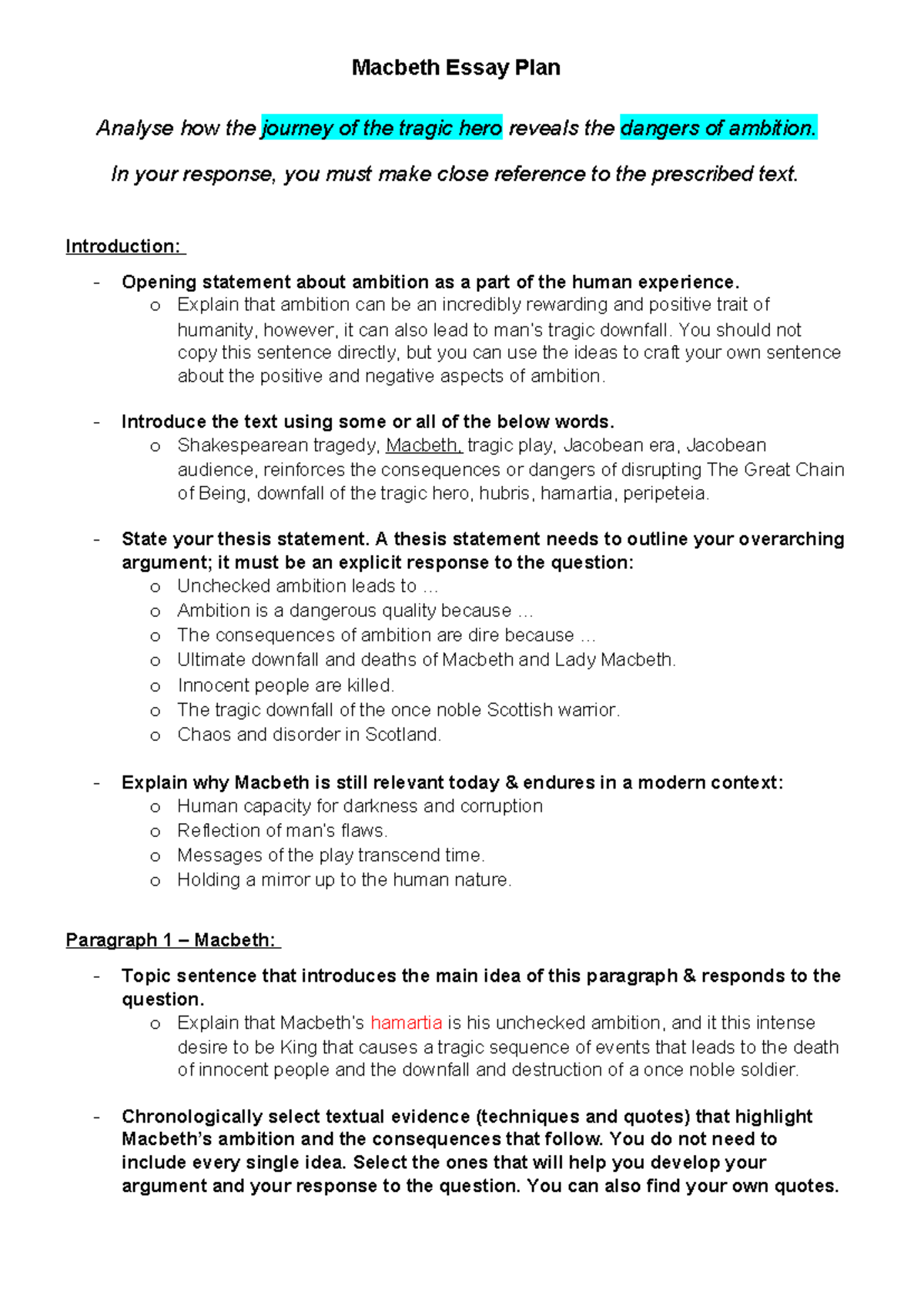 Macbeth Essay Plan (ENG 101): Unchecked Ambition & Tragic Downfall ...