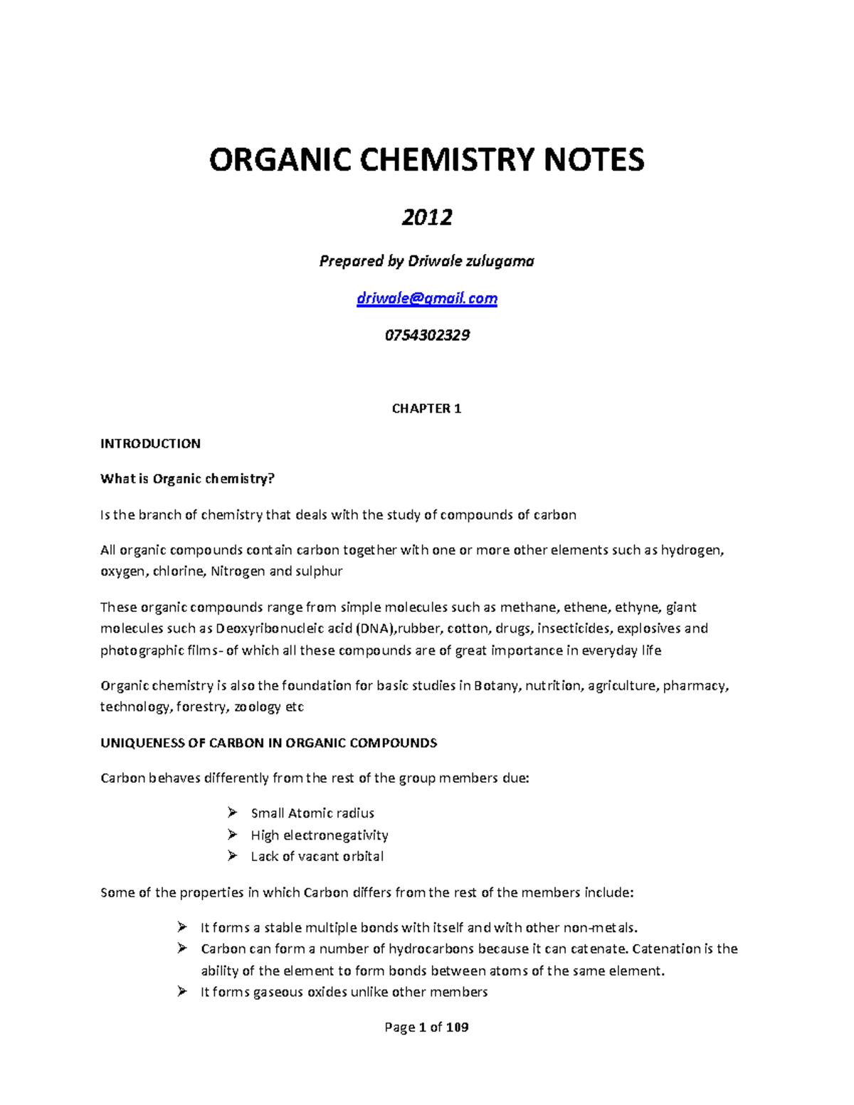 Organic Chemistry Notes 2012 (CHM101) - Chapter 1: Introduction to ...