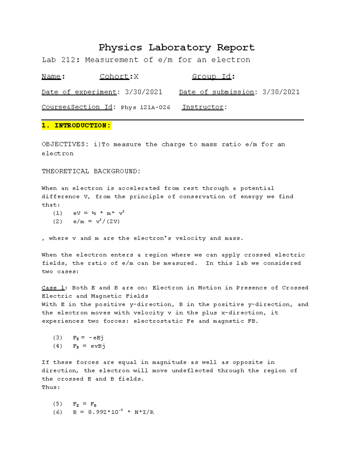 Physics Lab121A Report 212 - Physics Laboratory Report Lab 212 ...