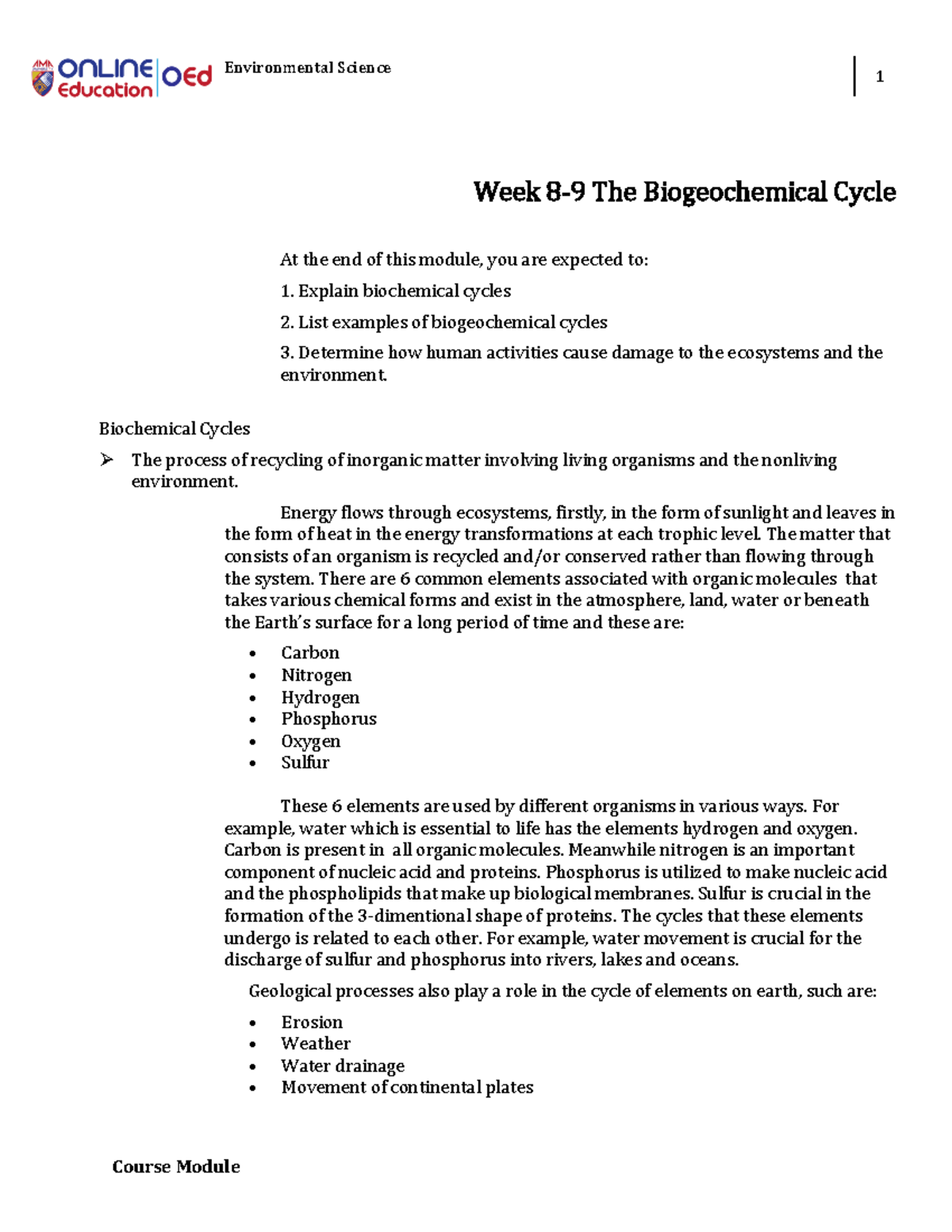 Environmental Science 1: Week 7 - The Biogeochemical Cycle - Studocu