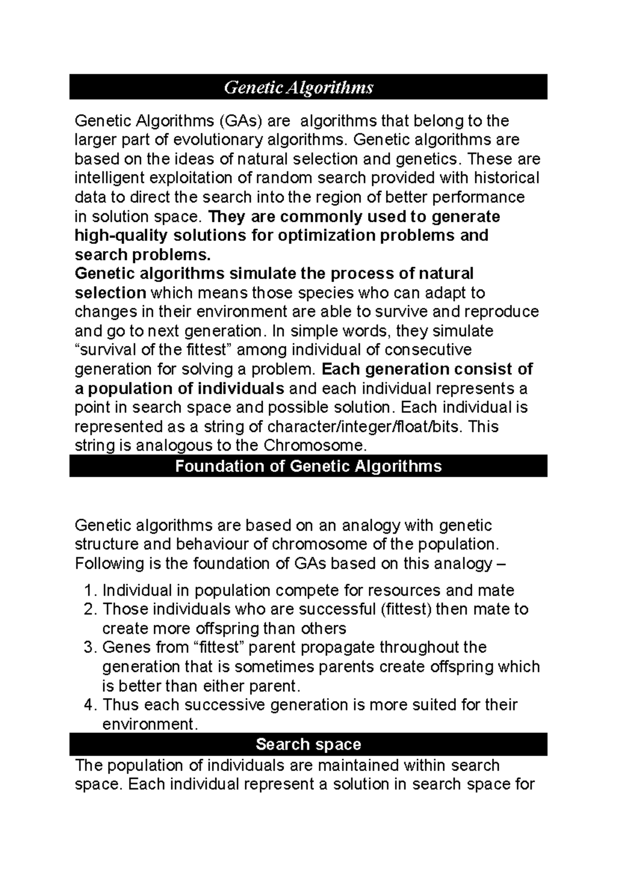 Genetic Algorithms (GA) - Comprehensive Study Notes - Studocu
