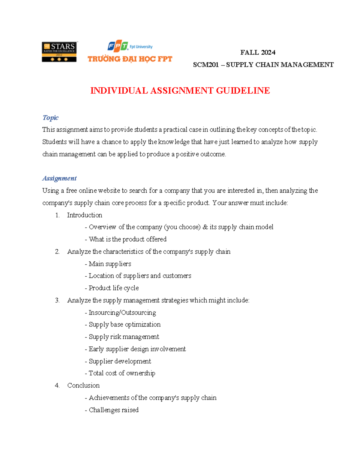 SCM201 Individual Assignment Guidelines for Fall 2024 Project - Studocu