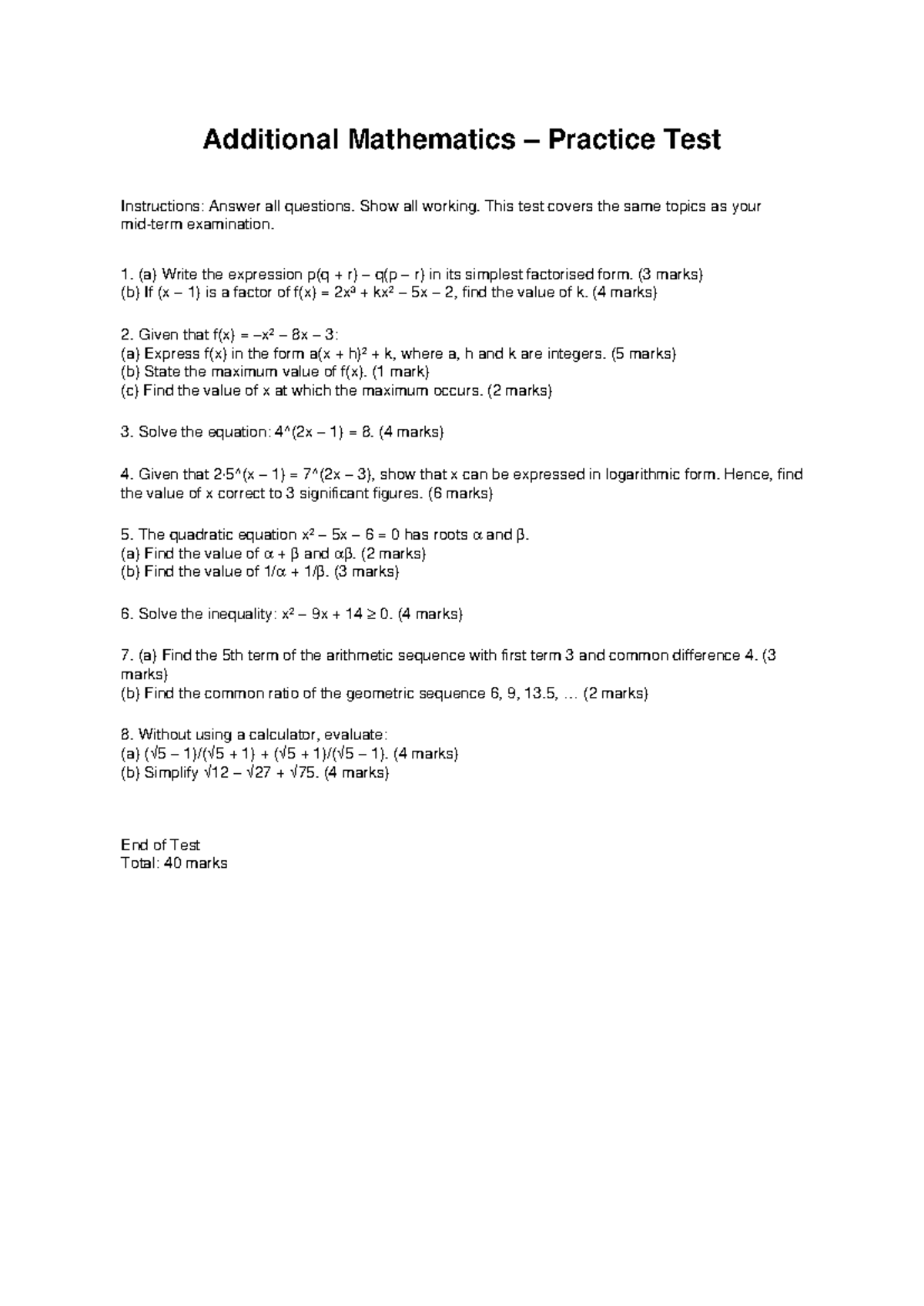 Additional Mathematics Practice Test Instructions and Questions - Studocu