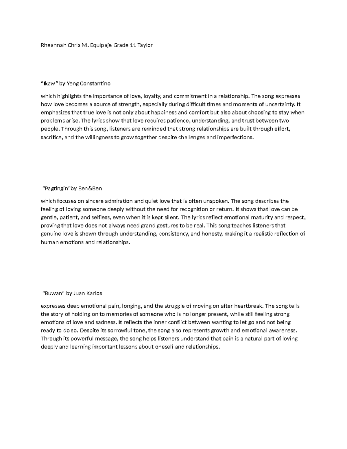 Grade 11 Essay Notes: Love, Loyalty, and Heartbreak in Songs - Studocu