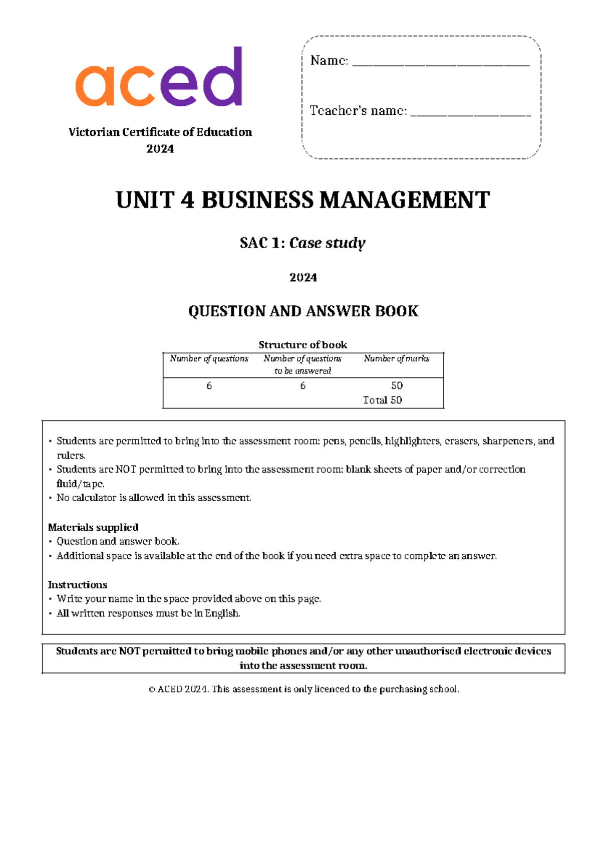 ACED Unit 4 Business Management SAC 1 2024 - Q&A on Qantas Case Study ...
