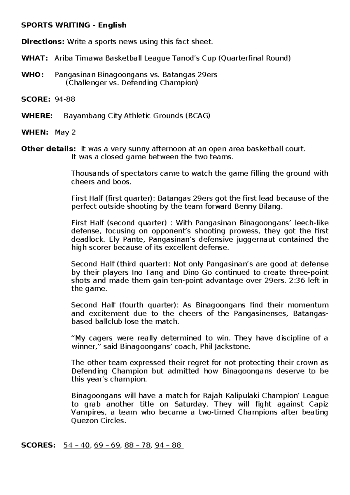 Final Exam: Sports Writing Exercise for ENG 101 - Studocu