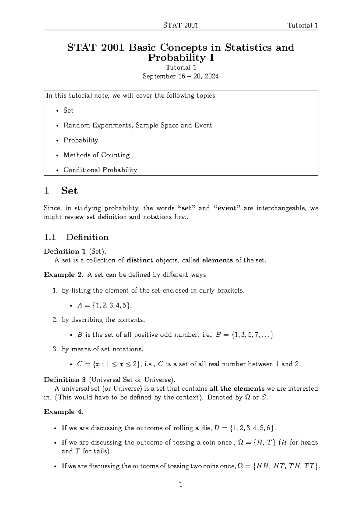STAT 2001 Tutorial 1: Basic Concepts in Statistics & Probability - Studocu
