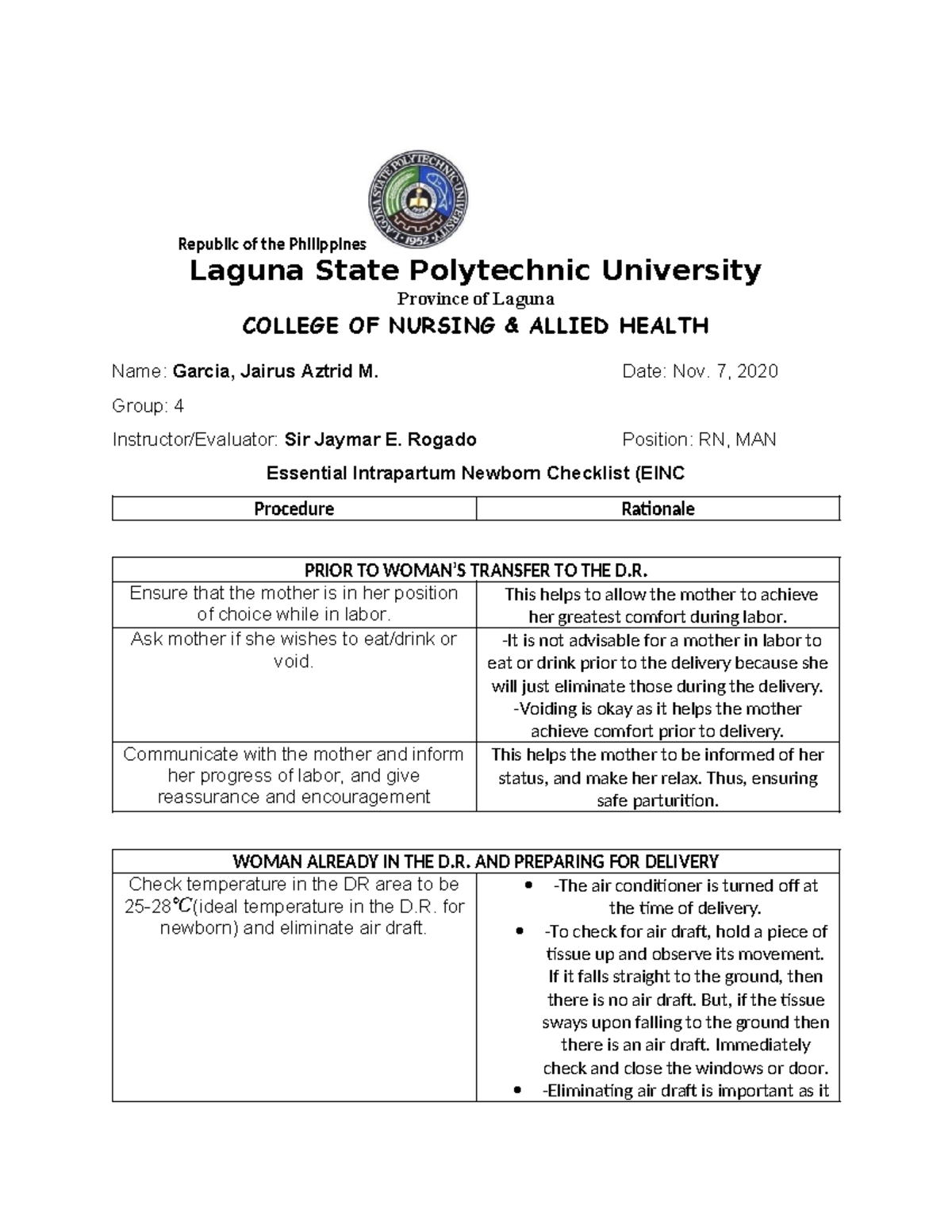 Essential Intrapartum & Newborn Care Checklist (EINC) - Final Exam ...