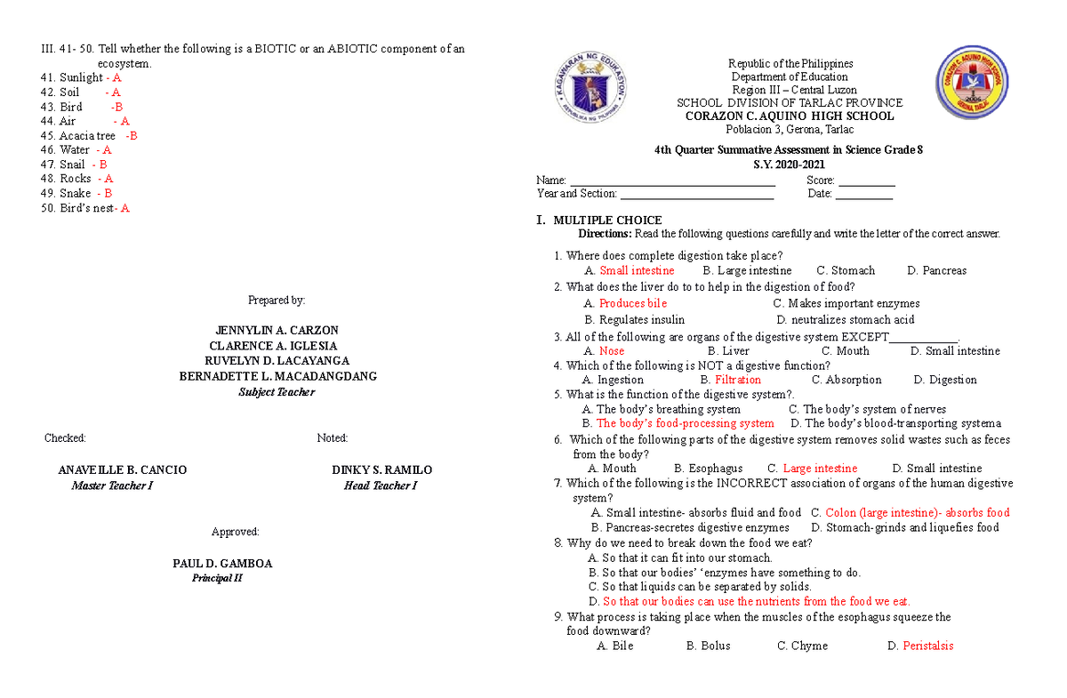 Science 8 4th Quarter Exam Review with Answer Key - Studocu