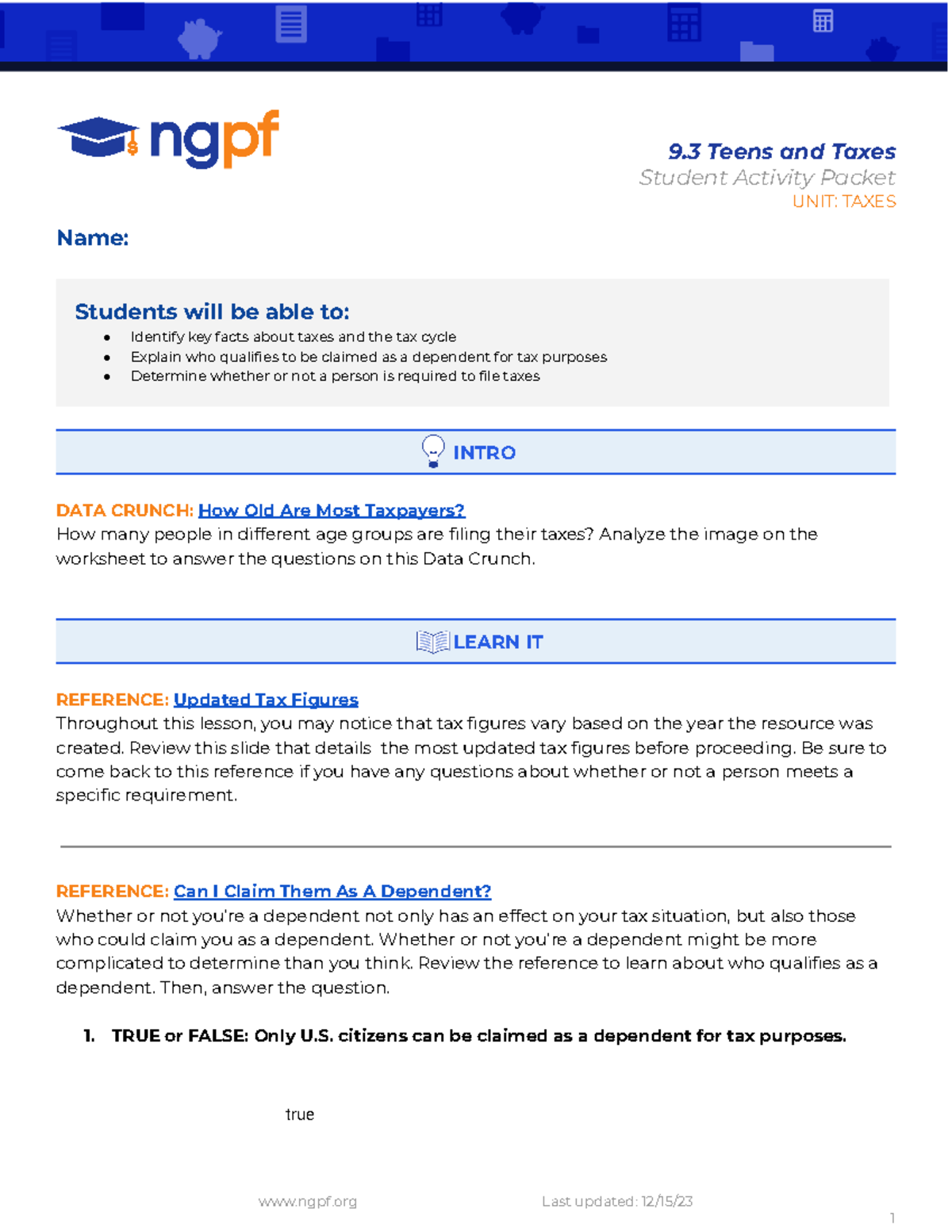 Taxes for Teens: Understanding Filing & Dependents - Unit 9.3 - Studocu