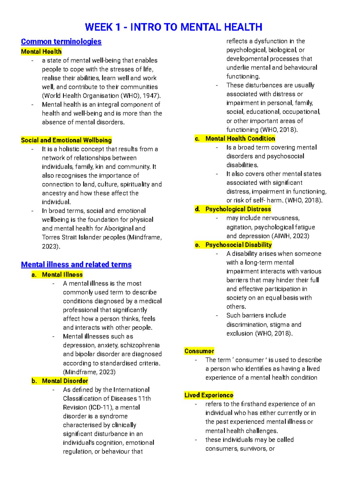 MH WEEK 1 - Intro to Mental Health Concepts and Terminologies - Studocu