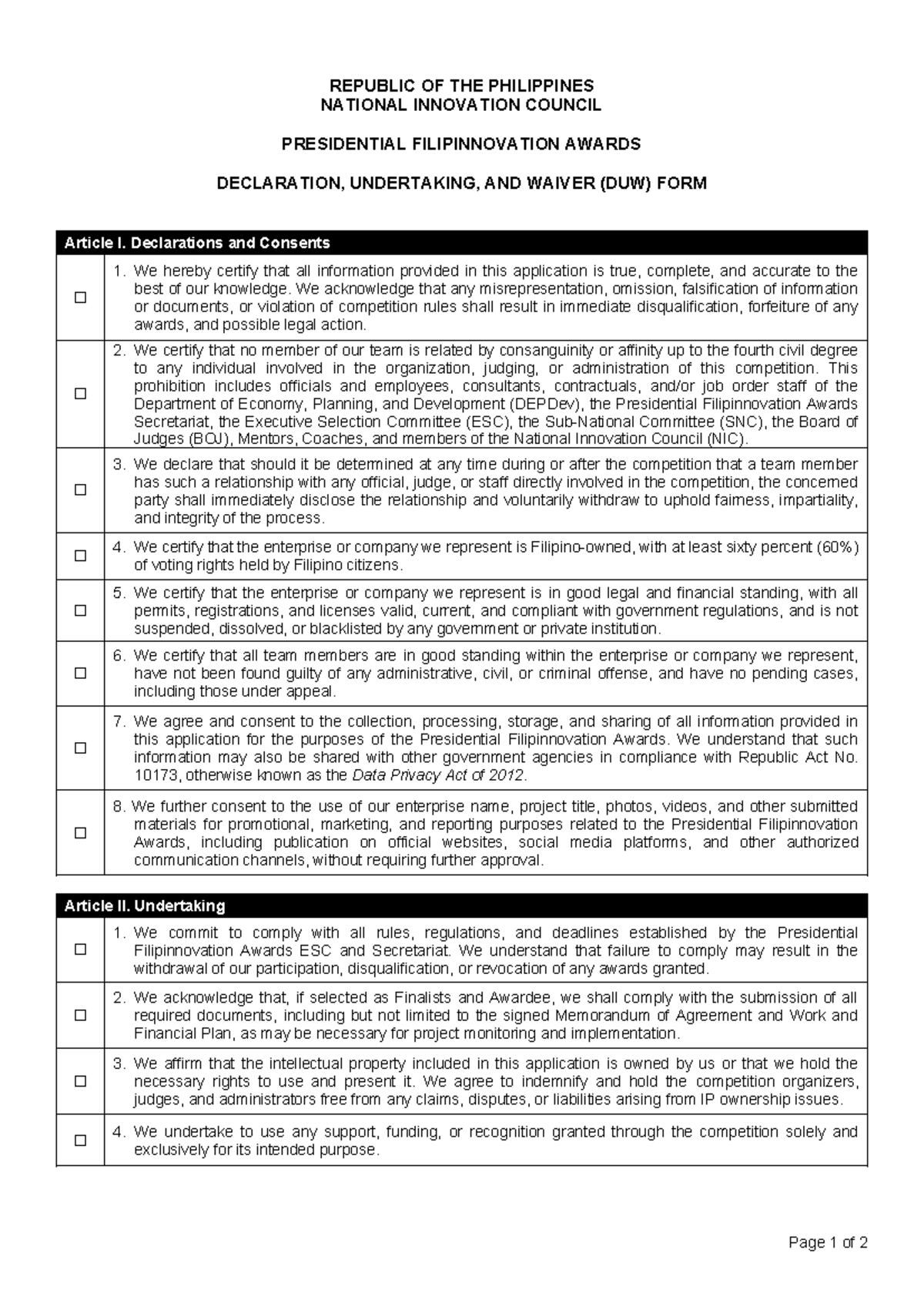 PFA Declaration, Undertaking, and Waiver Form for Awards - Studocu