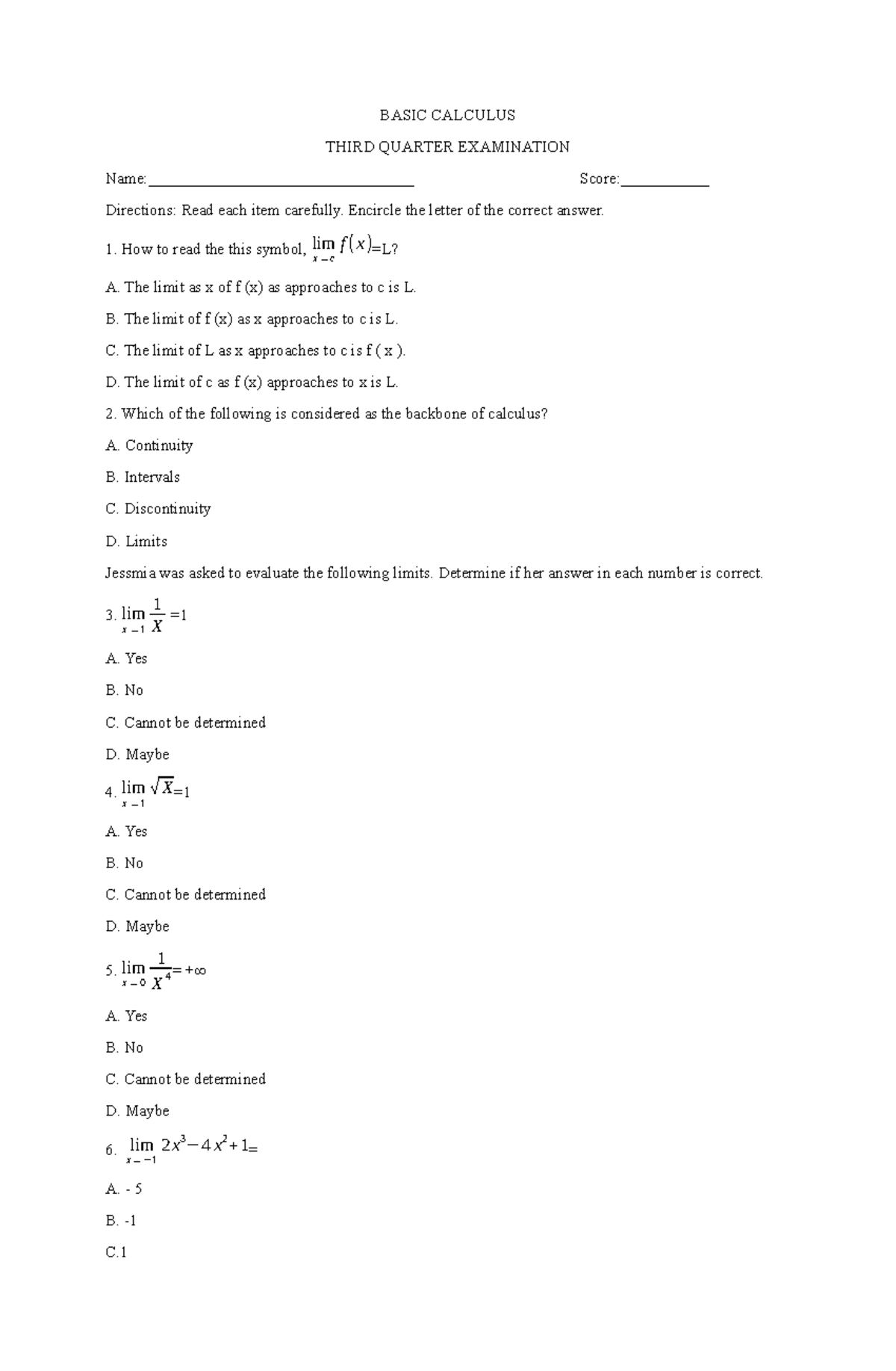 BASIC CALCULUS 3RD QUARTER EXAMINATION REVIEW NOTES - Studocu